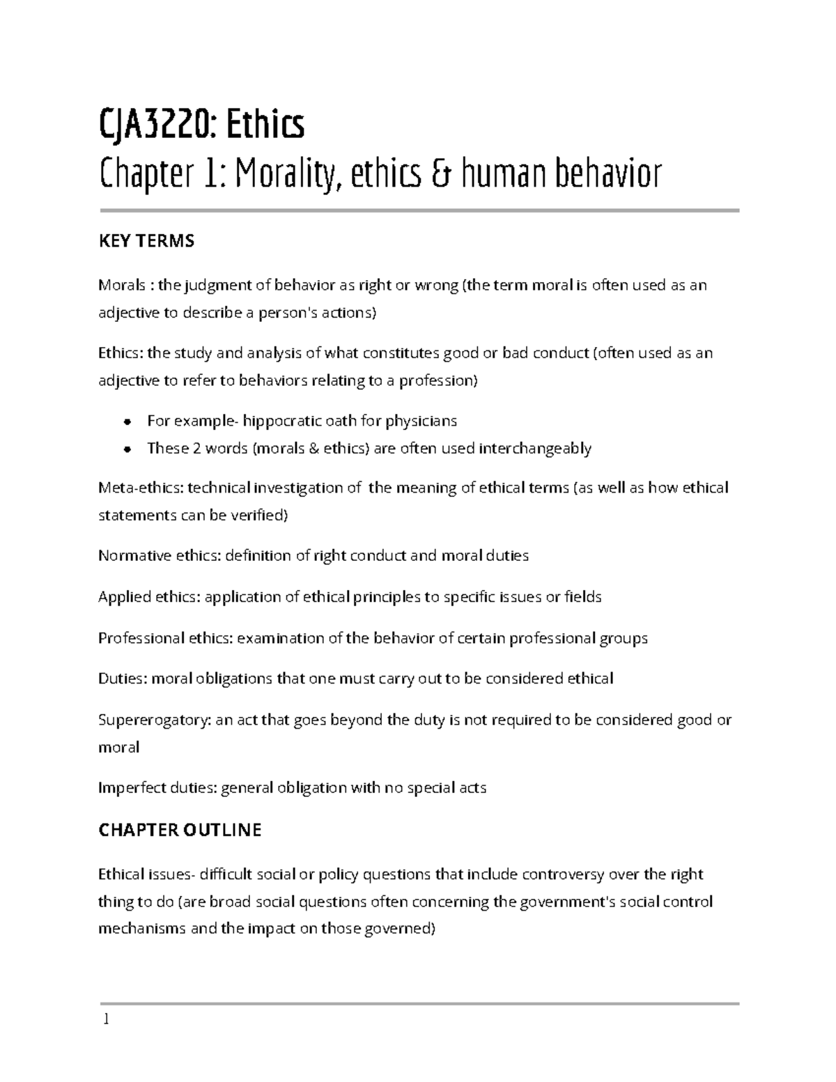 Ethics Chapter 1 Summary - CJA3220: Ethi Chapter 1: Morality, ethi ...