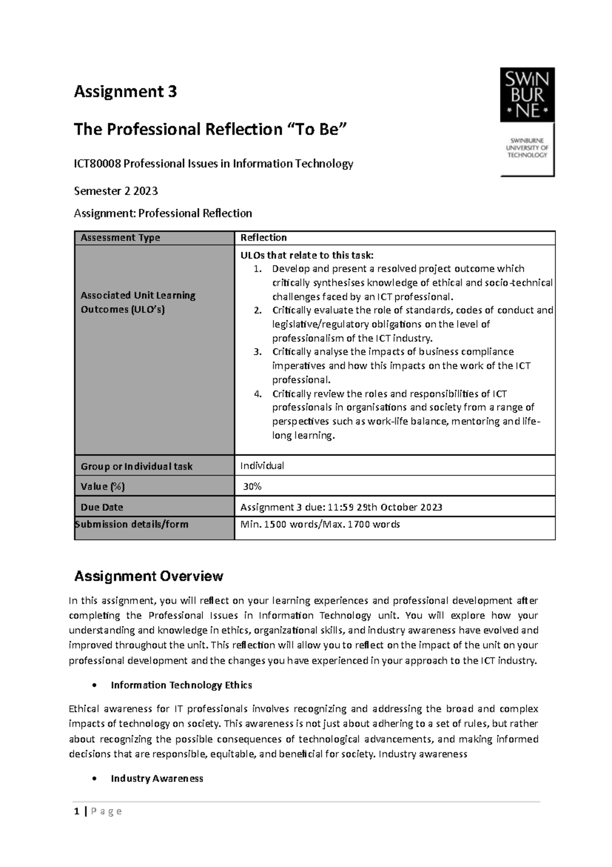 ICT 80008 Assigment 3 Professional Reflection To Be Guide - Assignment ...