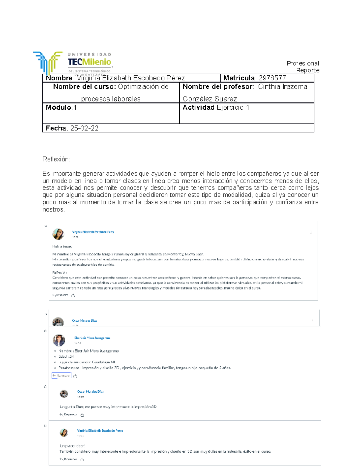 Ej1-Op de procesos laborales - Optimización de procesos laborales - TecMilenio - Studocu