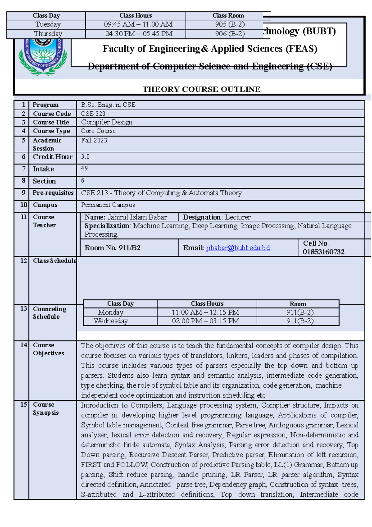 CSE 323 Compiler Design 49-6 - Bangladesh University of Business and Technology (BUBT) Faculty ...
