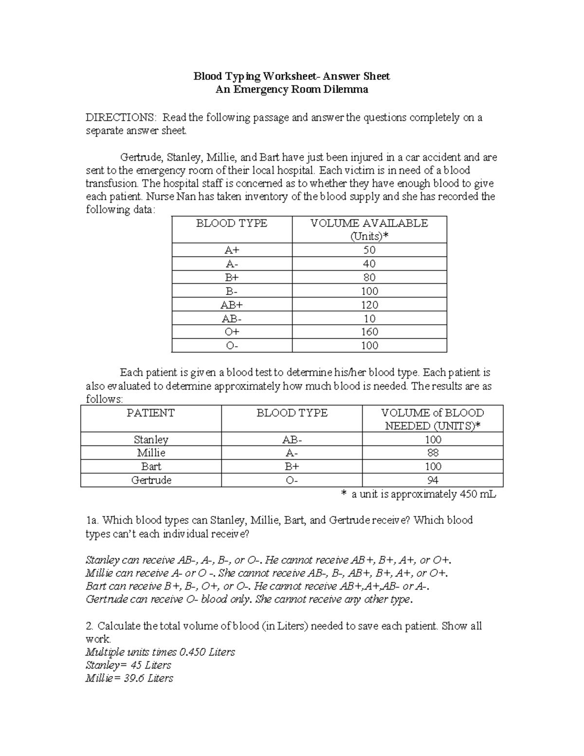 Guillette -Blood Typing Worksheet- Answer Sheet - Blood Typing ...