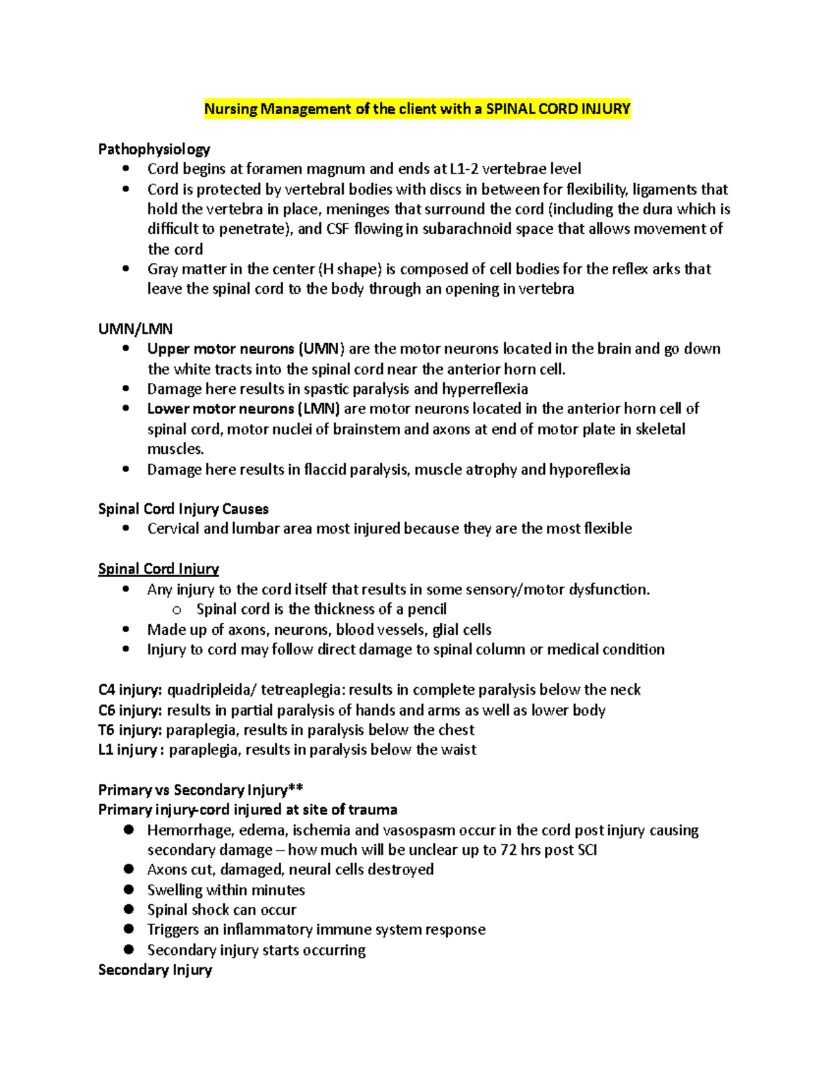 Spinal Cord Injury - Lecture notes Lecture 5 - NURS 380 - Studocu