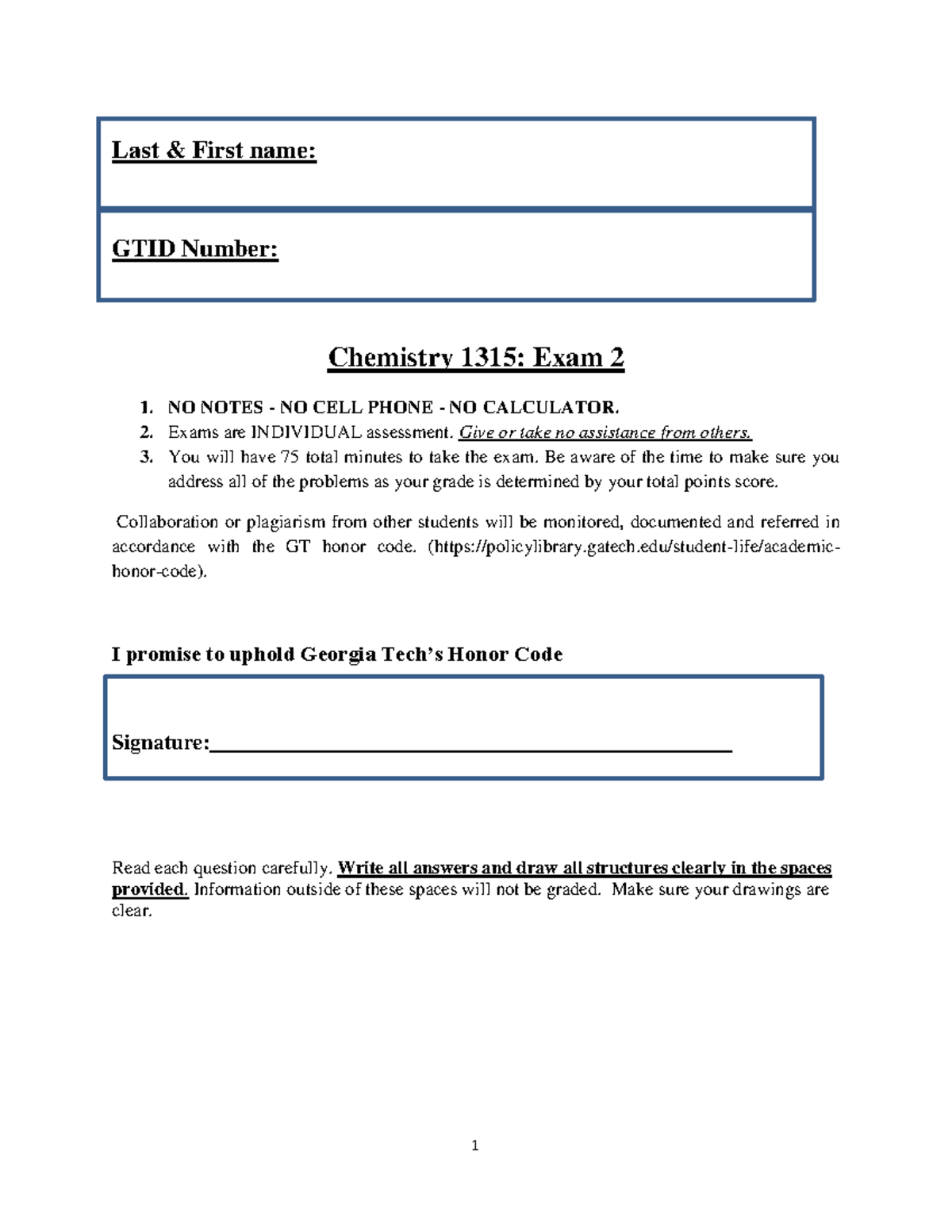 CHEM 1315- Exam 2 KEY - version 1 - Last & First name: GTID Number ...