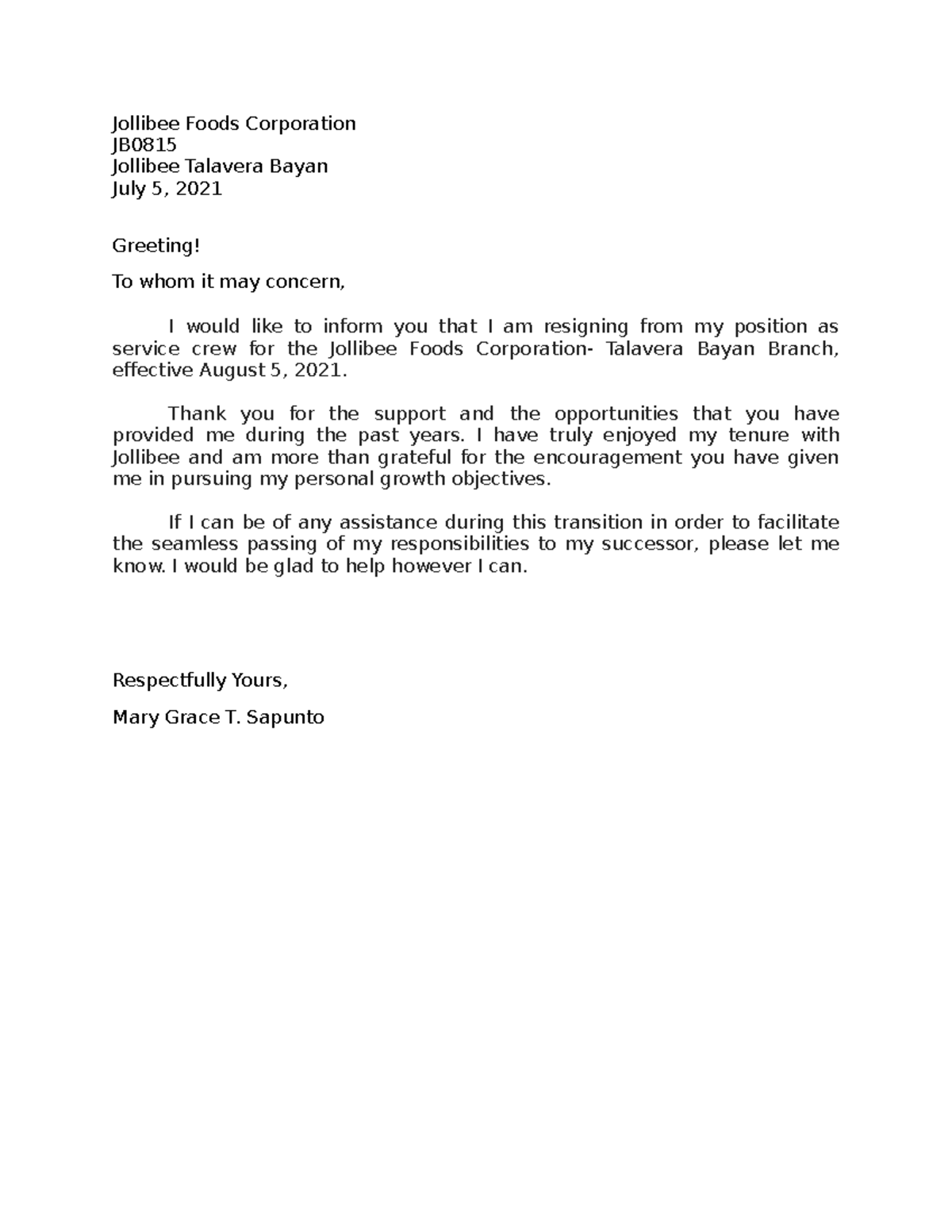 Resignation None Jollibee Foods Corporation JB Jollibee Talavera 