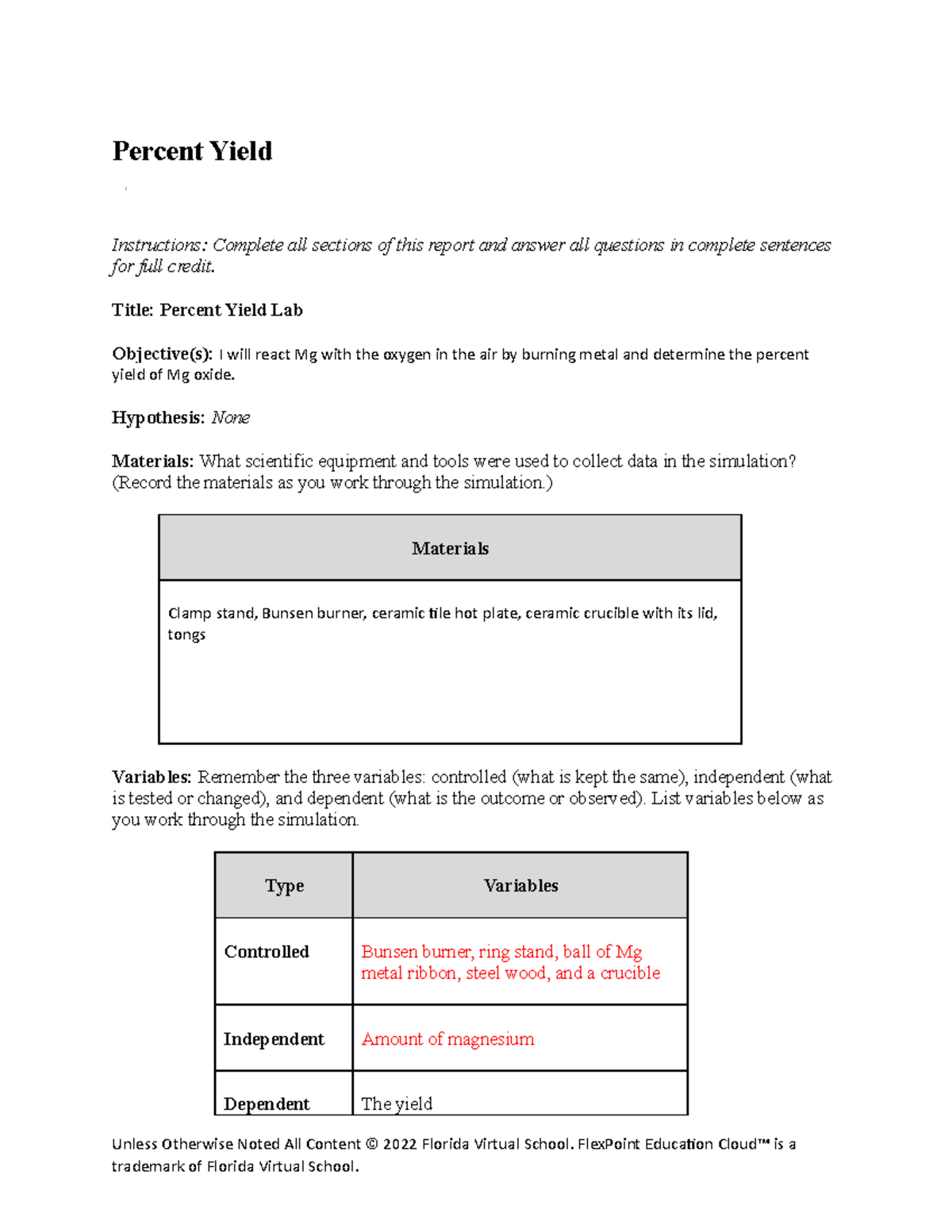 Lab 1 - Percent Yield Instructions: Complete all sections of this ...