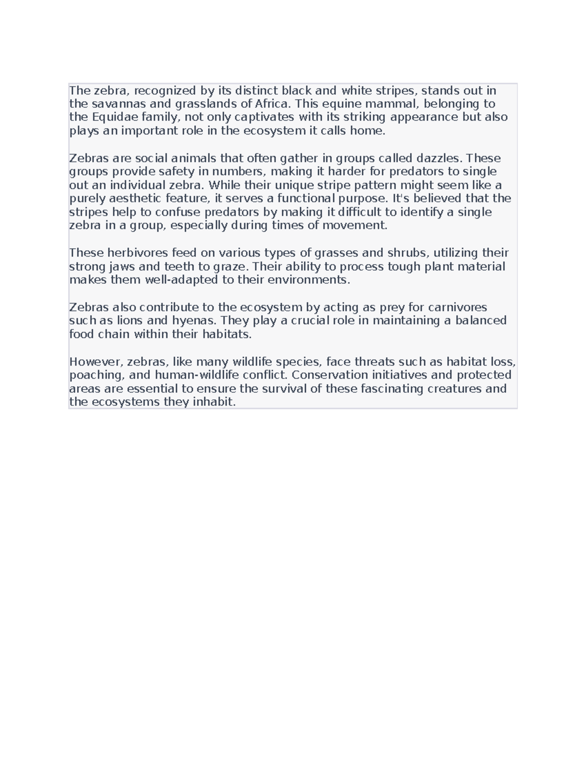 16 - Normal generalised essay - The zebra, recognized by its distinct ...