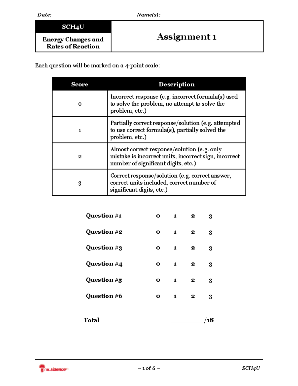 SCH4U - Unit D - Assignment 11 - SCH4U Energy Changes and Assignment 1 ...