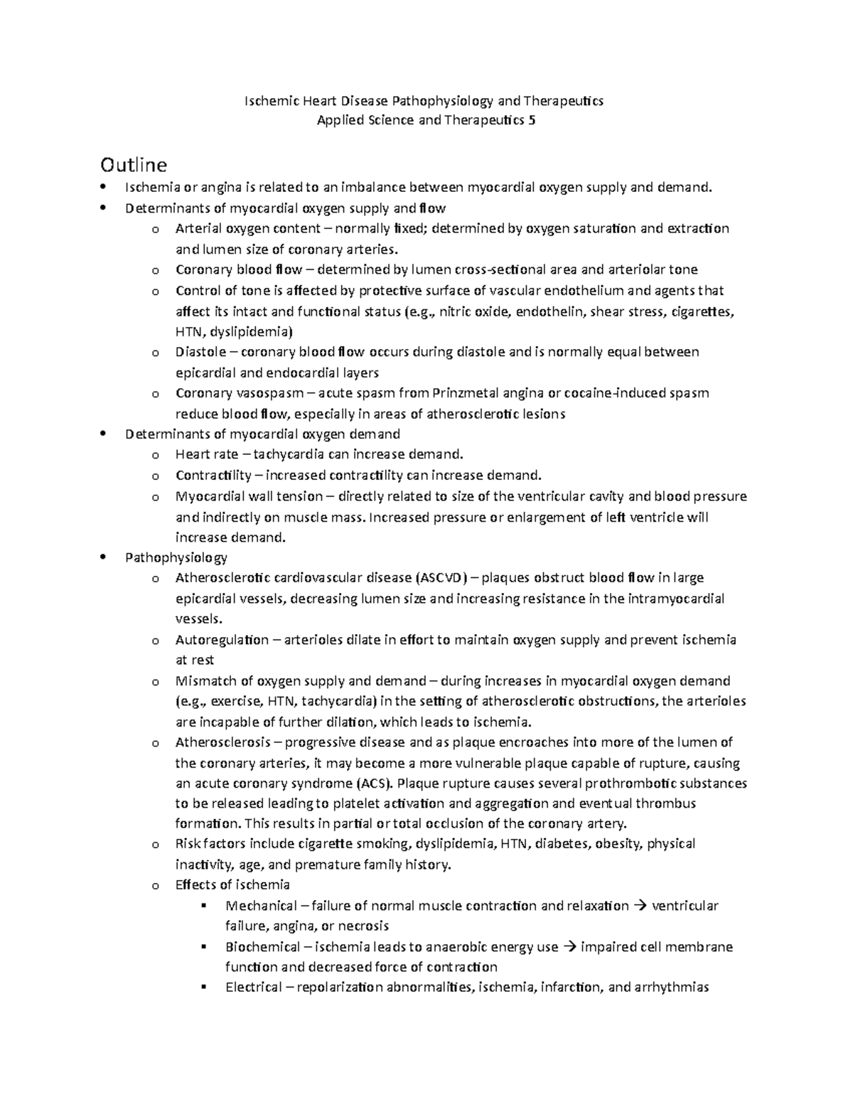 IHD Pathophysiology and Therapeutics Supplemental Outline 2018 Final ...
