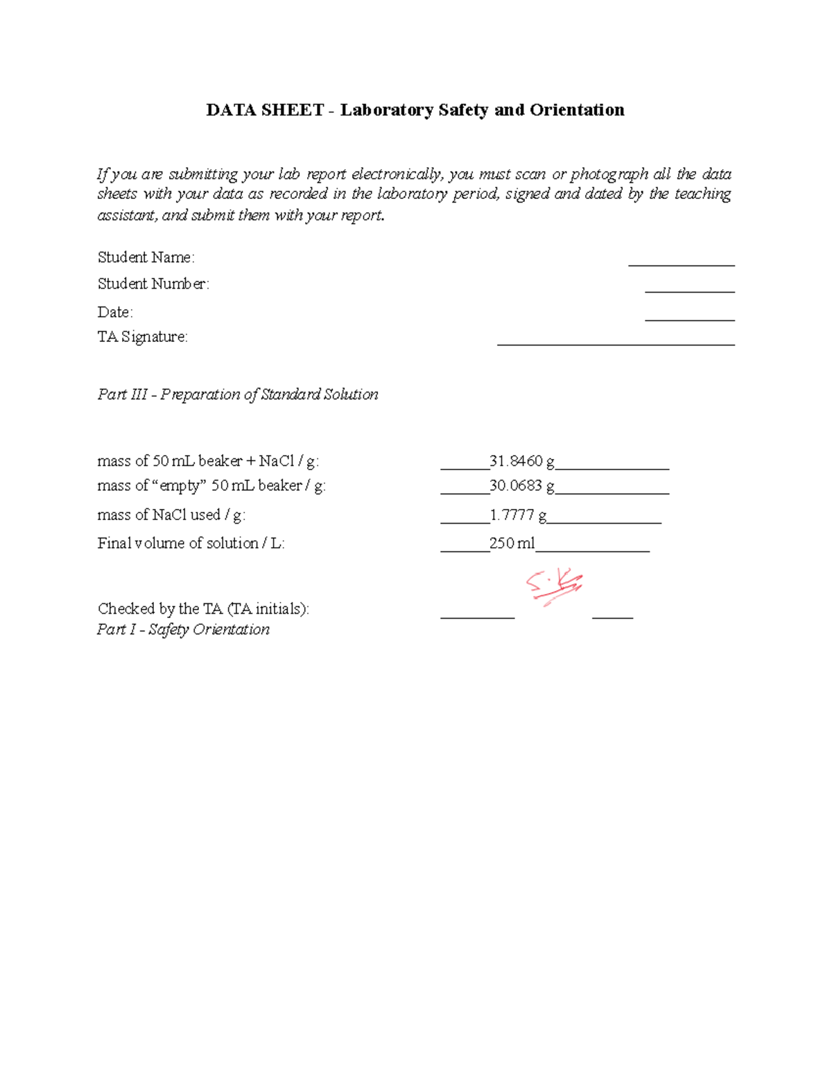 Lab 1 - Lab 1 - DATA SHEET - Laboratory Safety and Orientation If you ...