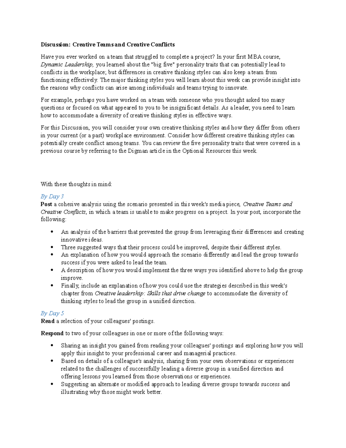 Week 2 Discussion - Essay - Discussion: Creative Teams and Creative ...