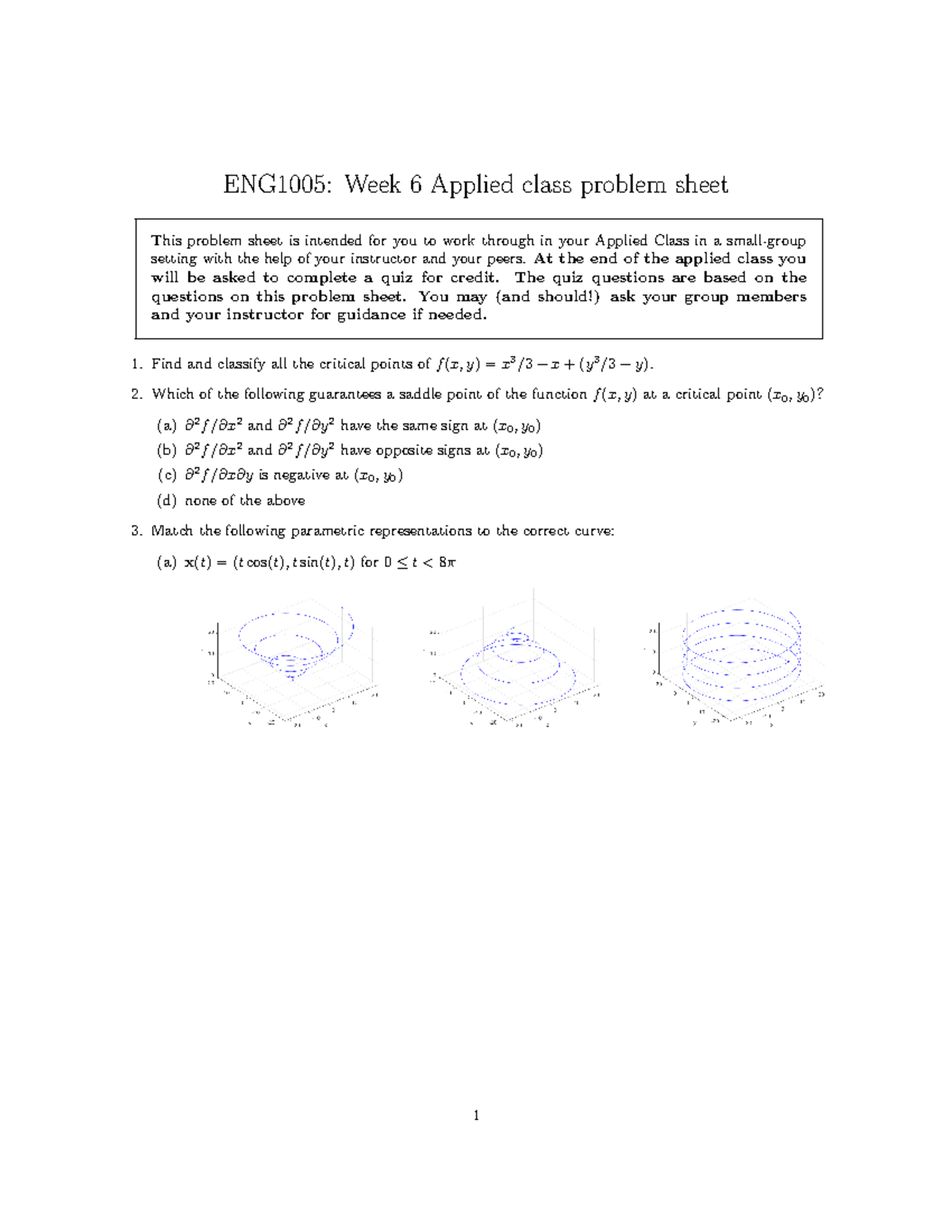Multivariable calculus II (problem sheet) - ENG1005: Week 6 Applied ...