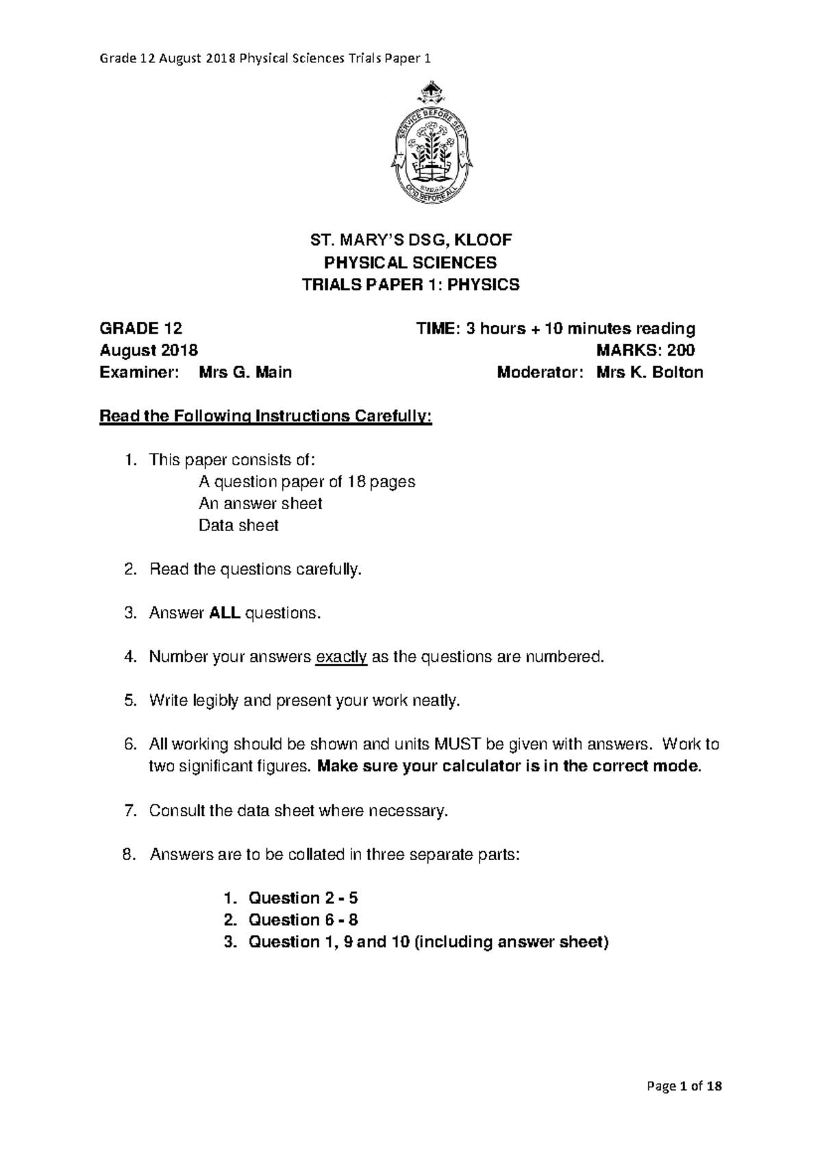 2018 Trials Paper 1 - ST. MARY’S DSG, KLOOF PHYSICAL SCIENCES TRIALS ...