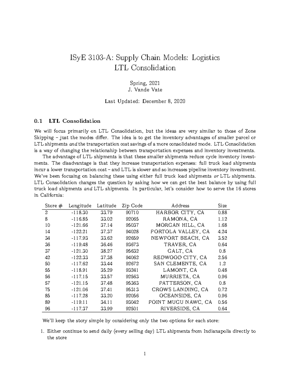 IE 3103 LTL Consolidation - ISyE 3103-A: Supply Chain Models: Logistics ...