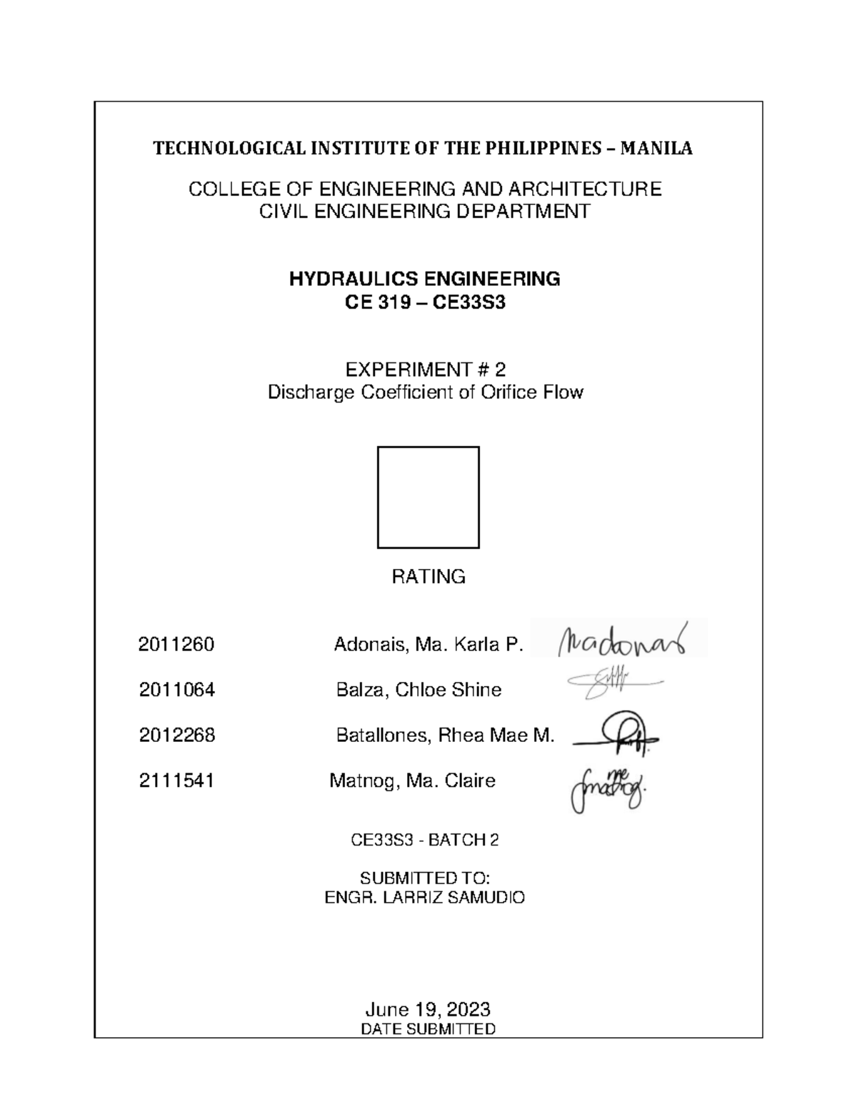 Laboratory experiment 2 - TECHNOLOGICAL INSTITUTE OF THE PHILIPPINES ...