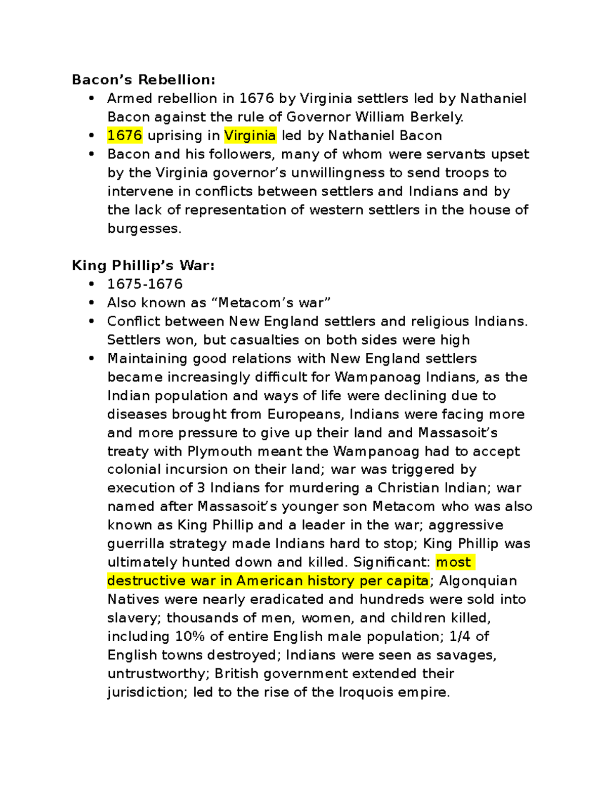 Midterm study guide - Bacon’s Rebellion: Armed rebellion in 1676 by ...