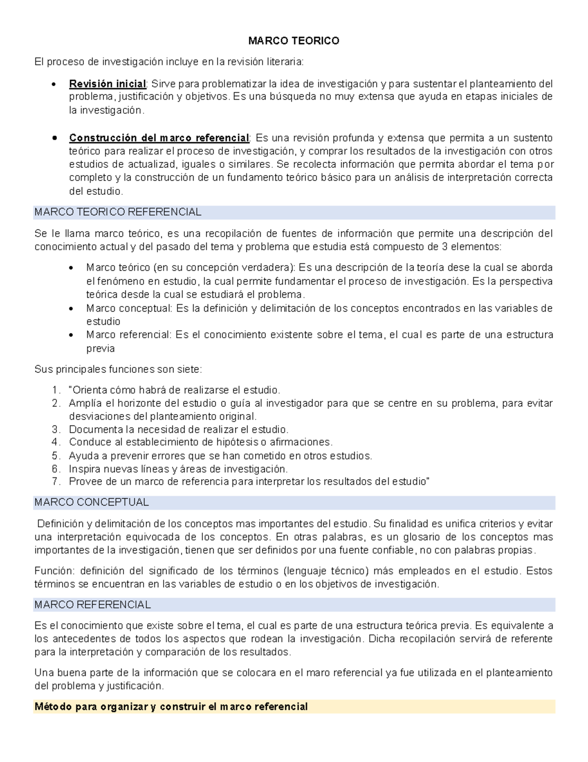 Marco Teorico - Doc. - MARCO TEORICO El proceso de investigación incluye en la revisión ...
