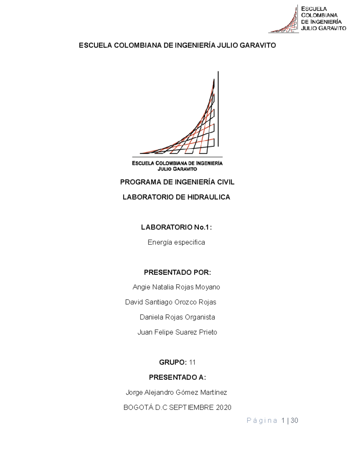 Energia especifica - Informe energía específica - ESCUELA COLOMBIANA DE ...