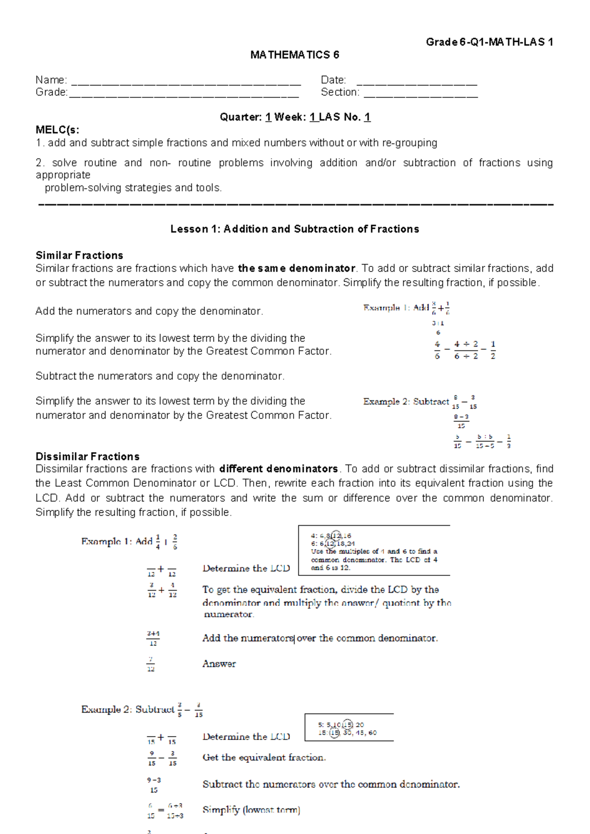 Grade 6-Q1-MATH-LAS 1 - LAS - Grade 6-Q1-MATH-LAS 1 MATHEMATICS 6 Name ...