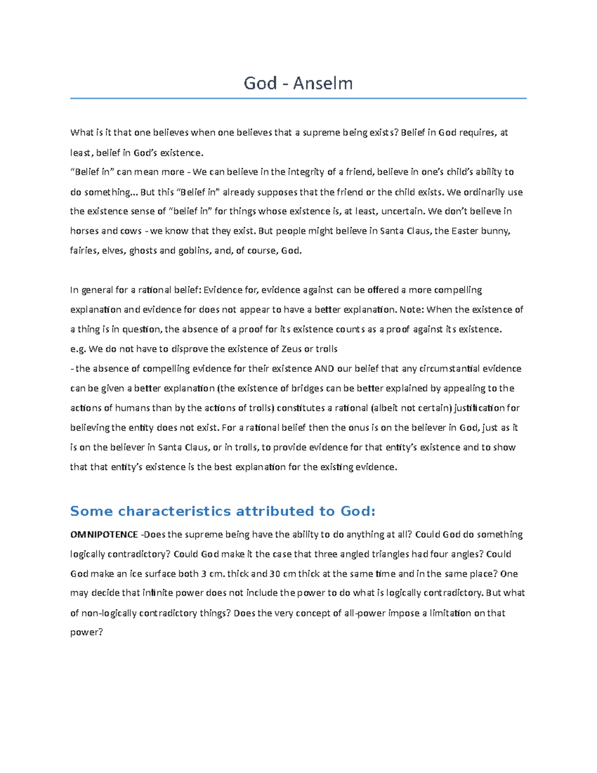 Anselm - notes - God - Anselm What is it that one believes when one ...