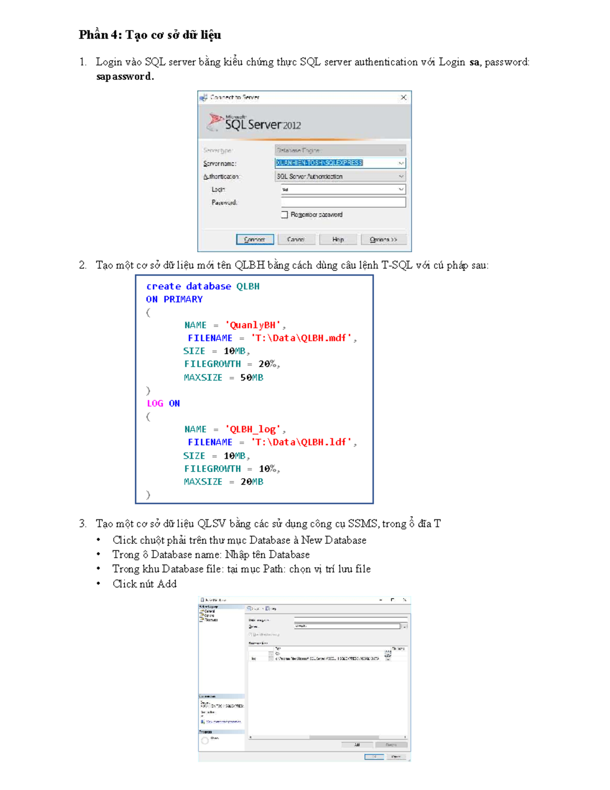 Tạo Cơ sở dữ liệu - Login vào SQL server bằng kiểu chứng thực SQL ...