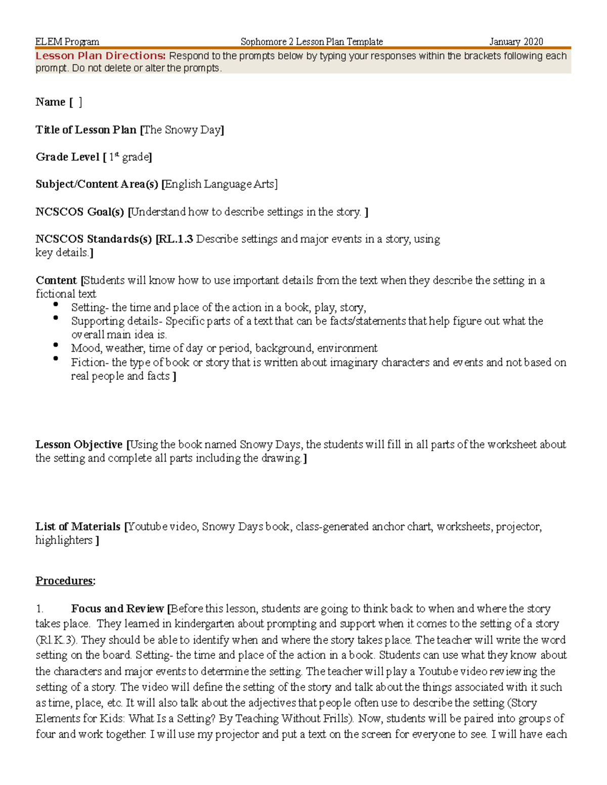 ELA lesson Plan Final - Lesson Plan Directions: Respond to the prompts ...
