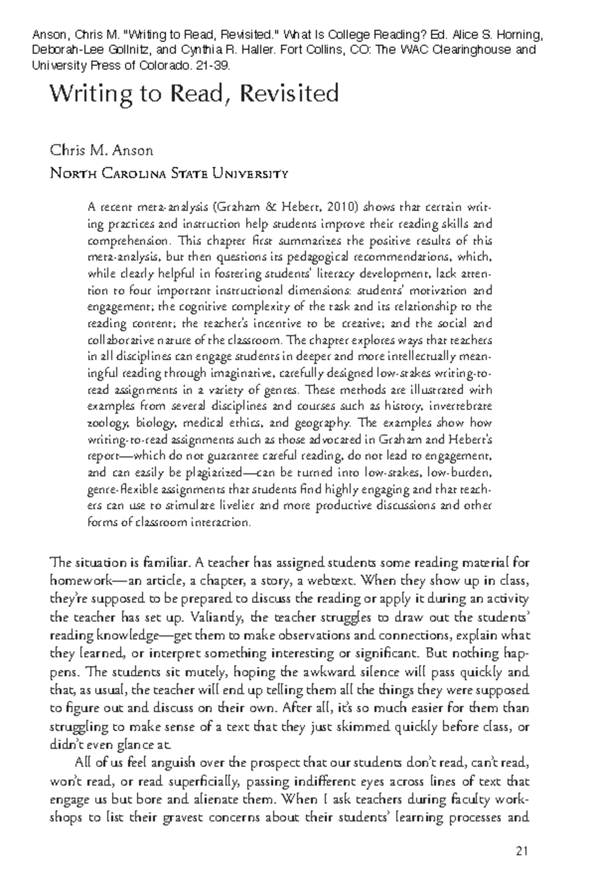 Writing To Read - Lecture - 21 Writing to Read, Revisited Chris M ...