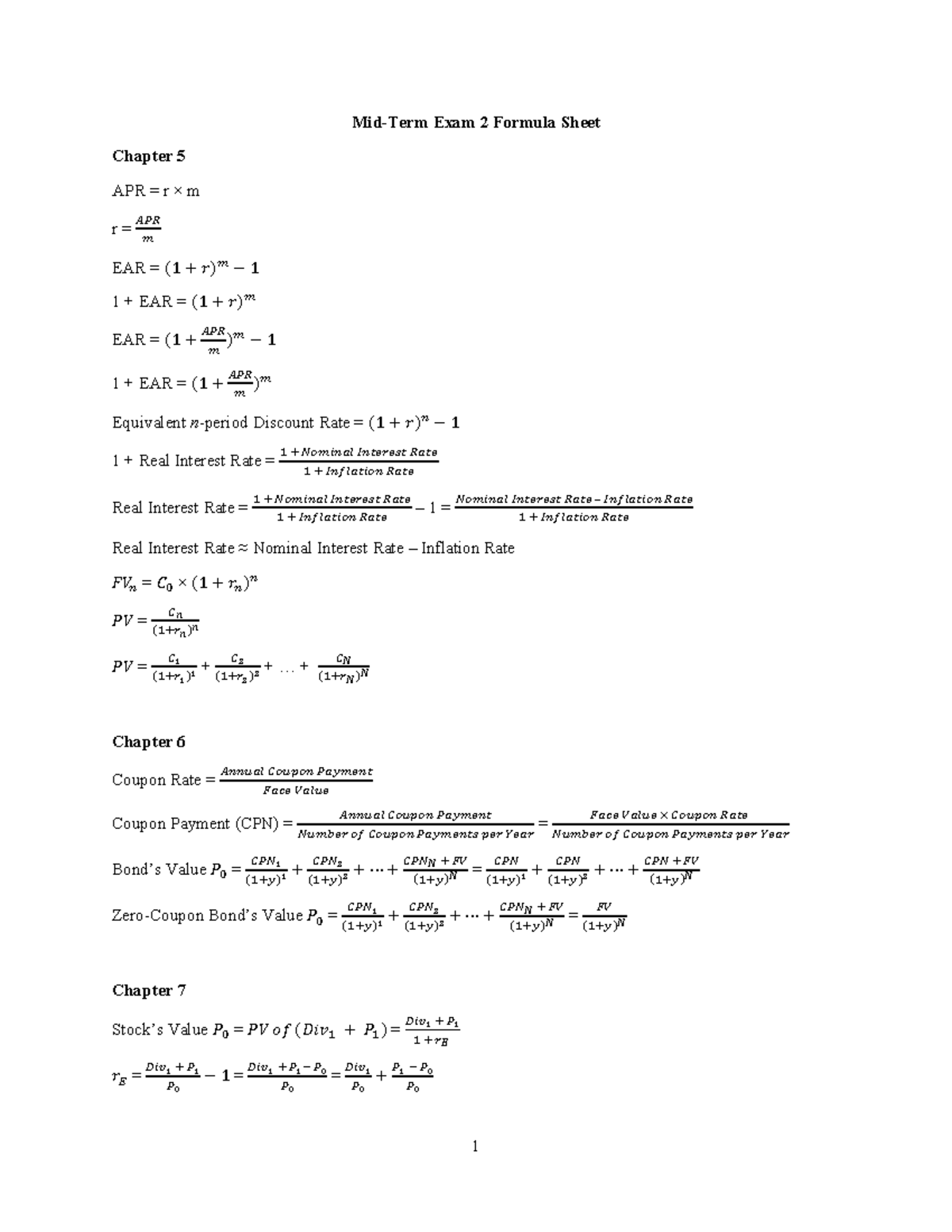 Mid-Term Exam 2 Formula Sheet - Mid-Term Exam 2 Formula Sheet Chapter 5 ...