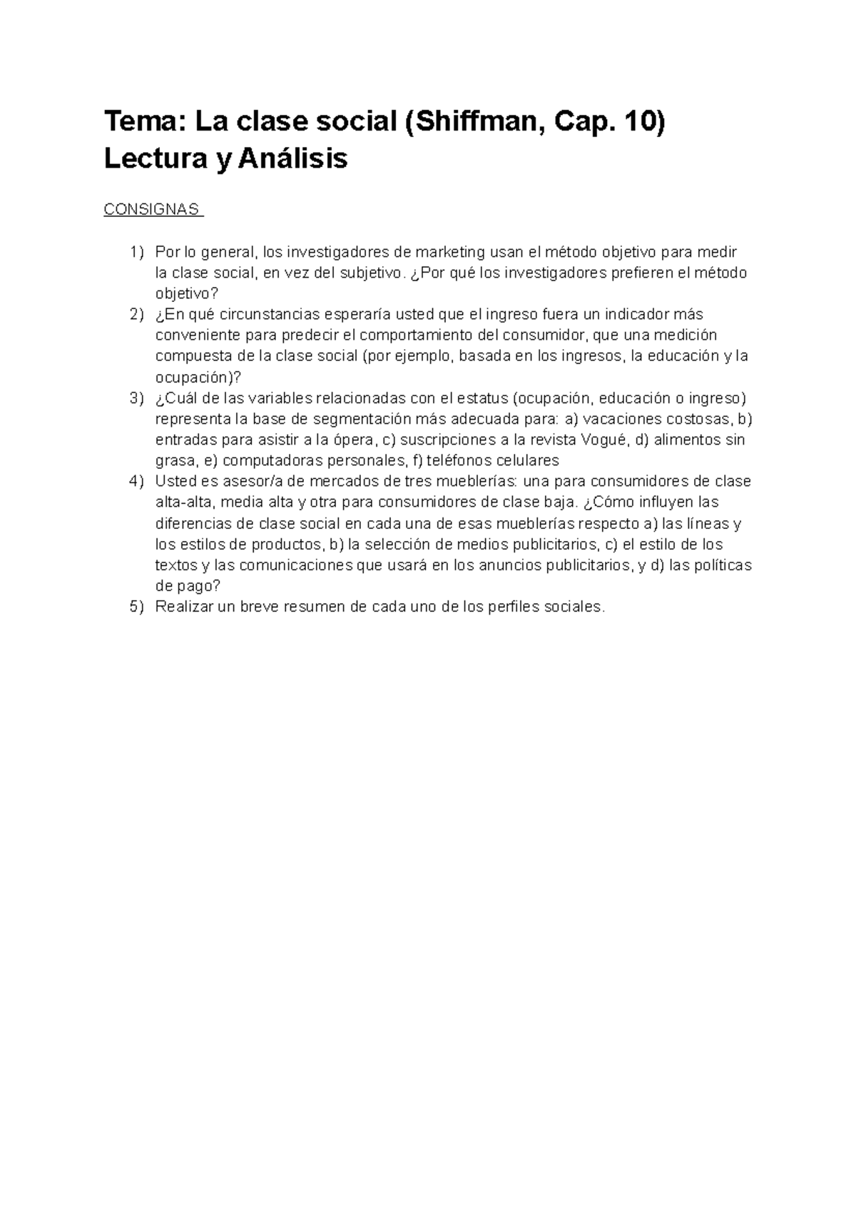 Tema La clase social - Shiffman, Cap 10 - 10) Lectura y Análisis ...
