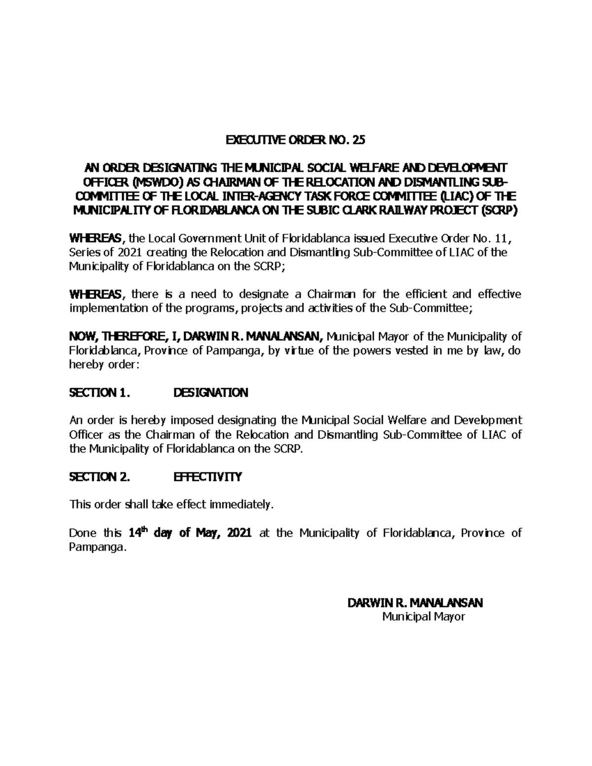 EO Focal Person LIAC SUB-COM - EXECUTIVE ORDER NO. 25 OFAN FORICEDRE R ...