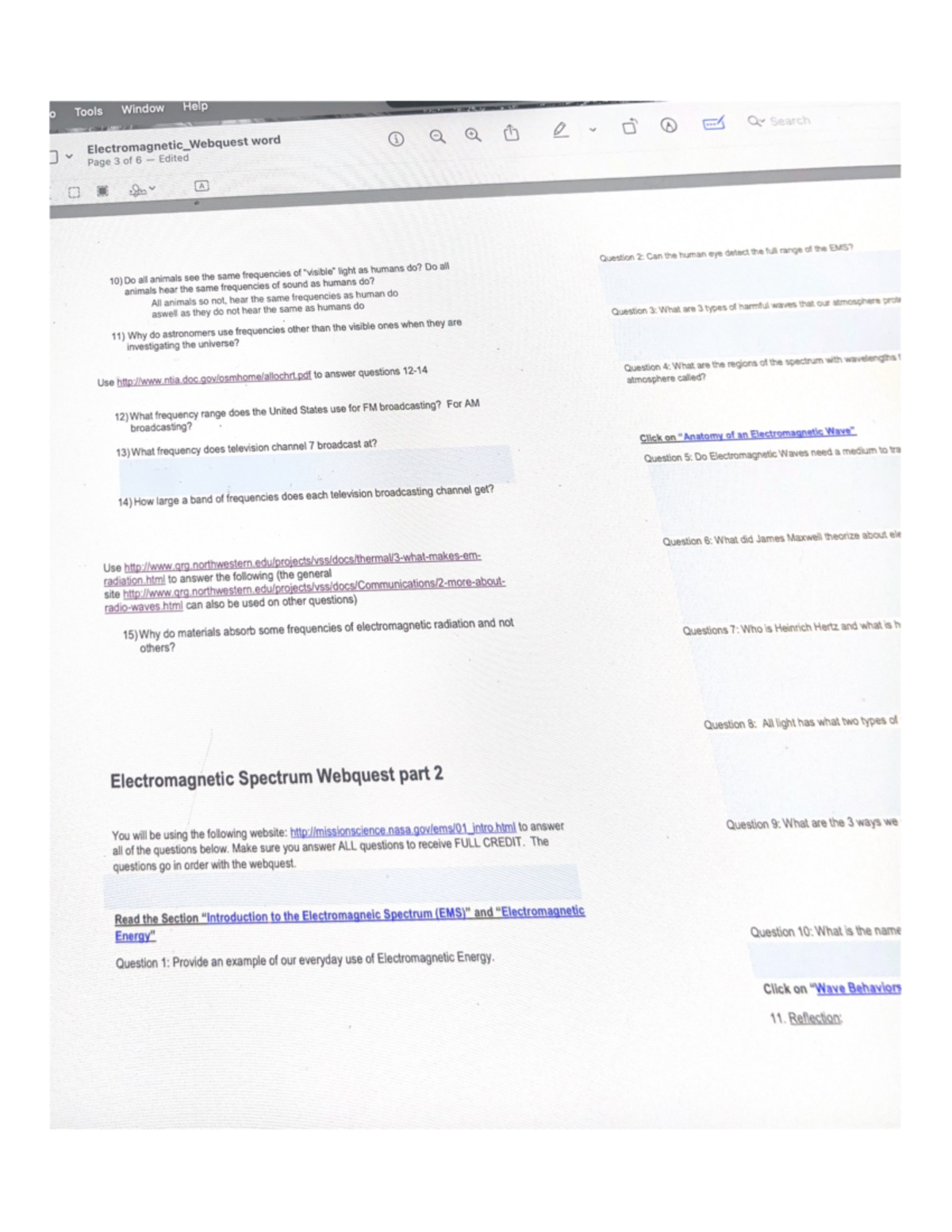 7 v Electromagnetic Webquest word - Tools Window Help Search ...