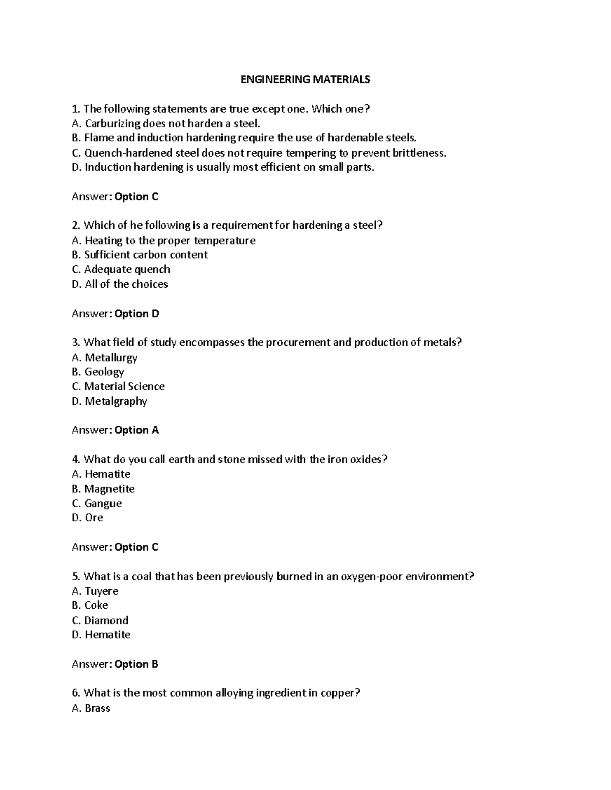 Practice Materials in Engineering Materials (Course Name: ME 006 ...