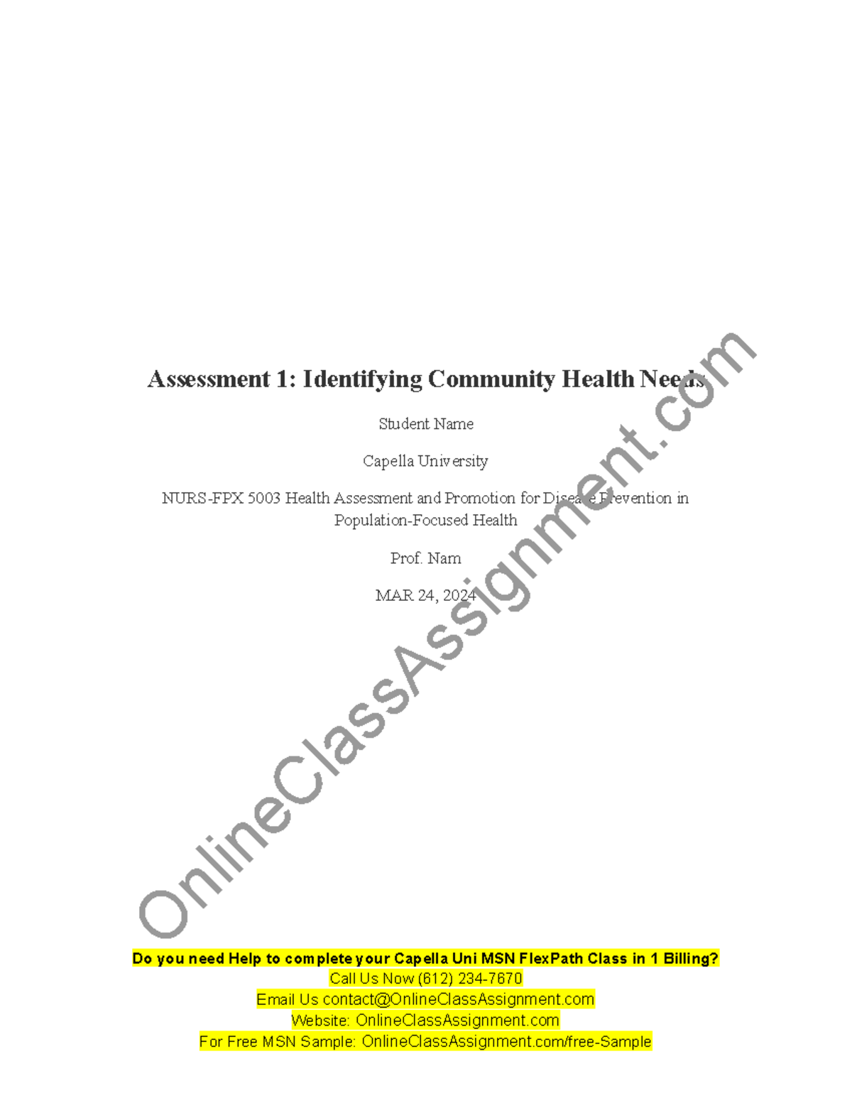 NURS FPX 5003 Assessment 1 Identifying Community Health Needs ...