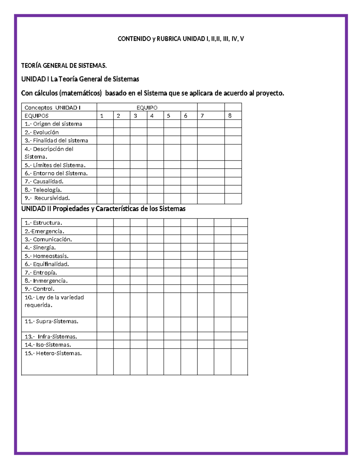 Rubrica Proyecto Unidad I-V - CONTENIDO y RUBRICA UNIDAD I, II,II, III ...