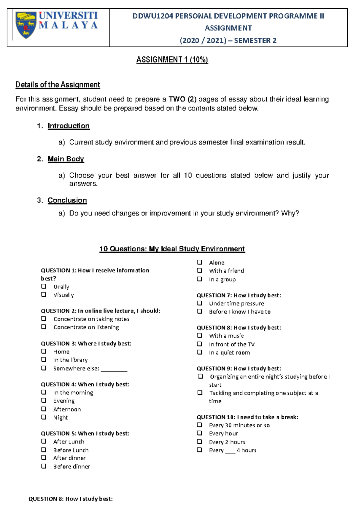 ASGT 1 - SEM 3 - DDWU1204 PERSONAL DEVELOPMENT PROGRAMME II ASSIGNMENT (2020 / 2021) – SEMESTER ...