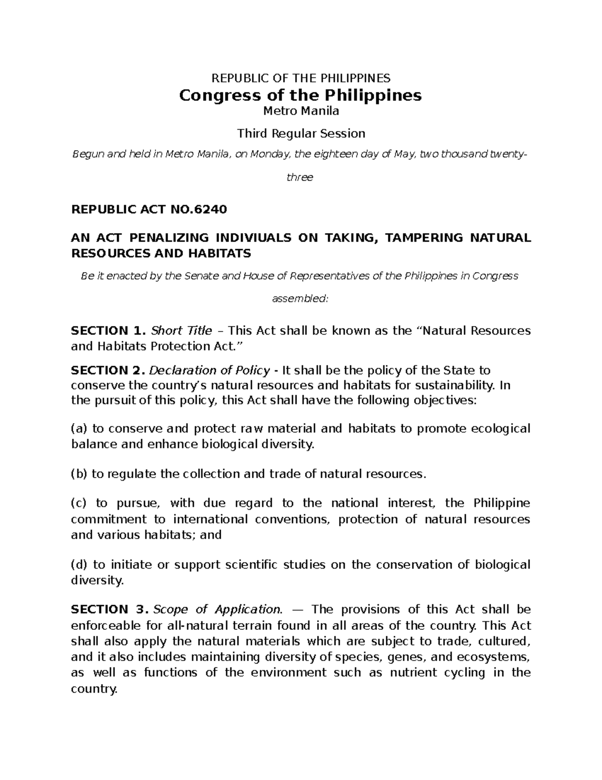 RA - EXAMPLE OF LAW BUT YOUR OWN RA - REPUBLIC OF THE PHILIPPINES ...