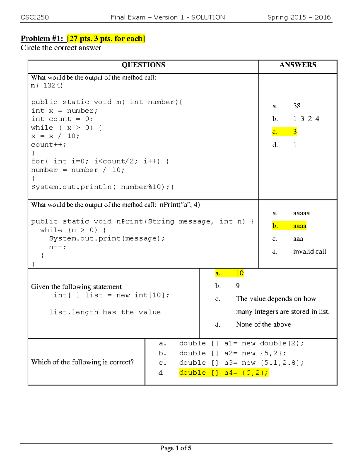 Final Exam 3 1 April 2017, questions - Problem #1: [27 pts. 3 pts. for ...