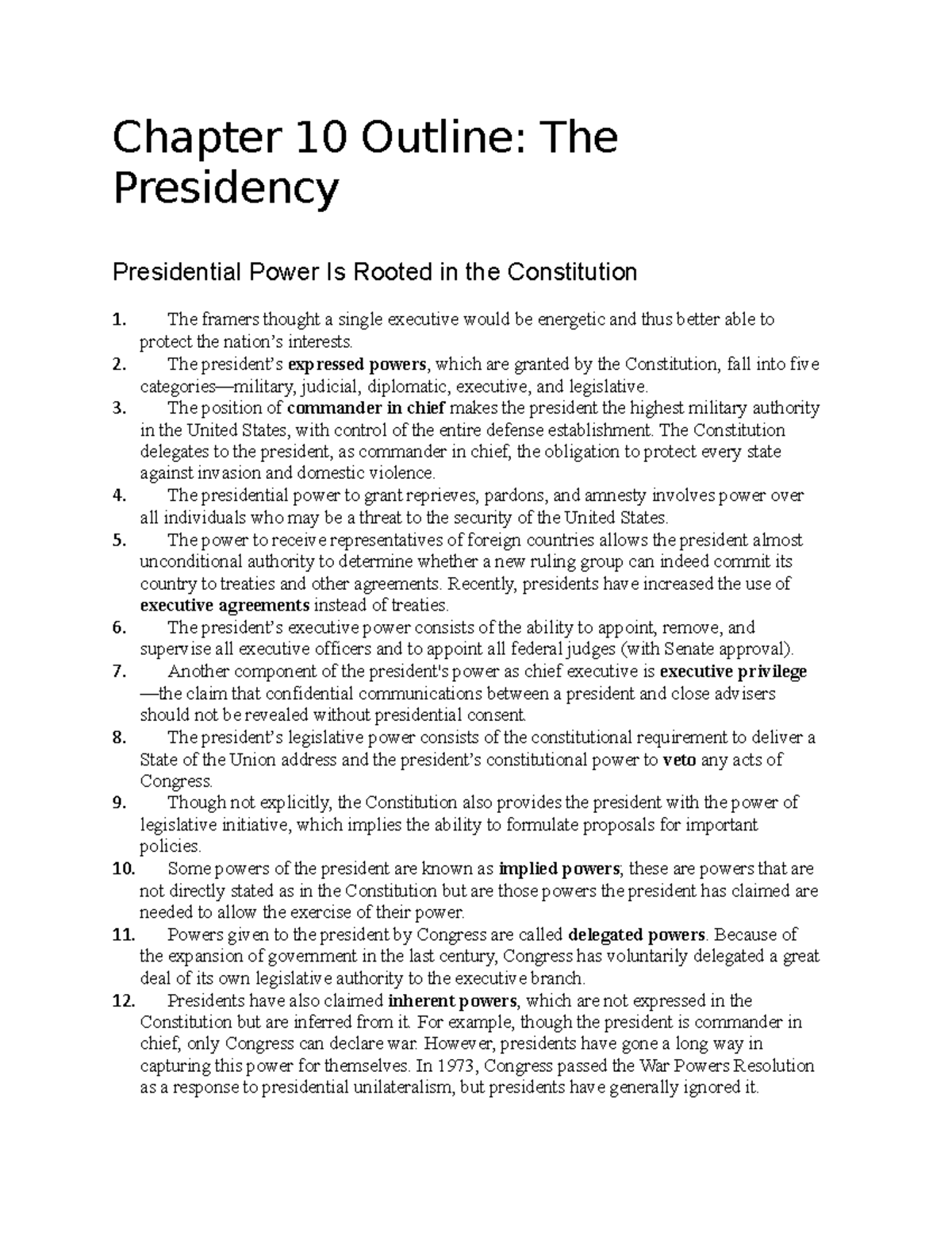Chapter 10-12 outline - Notes. - Chapter 10 Outline: The Presidency ...
