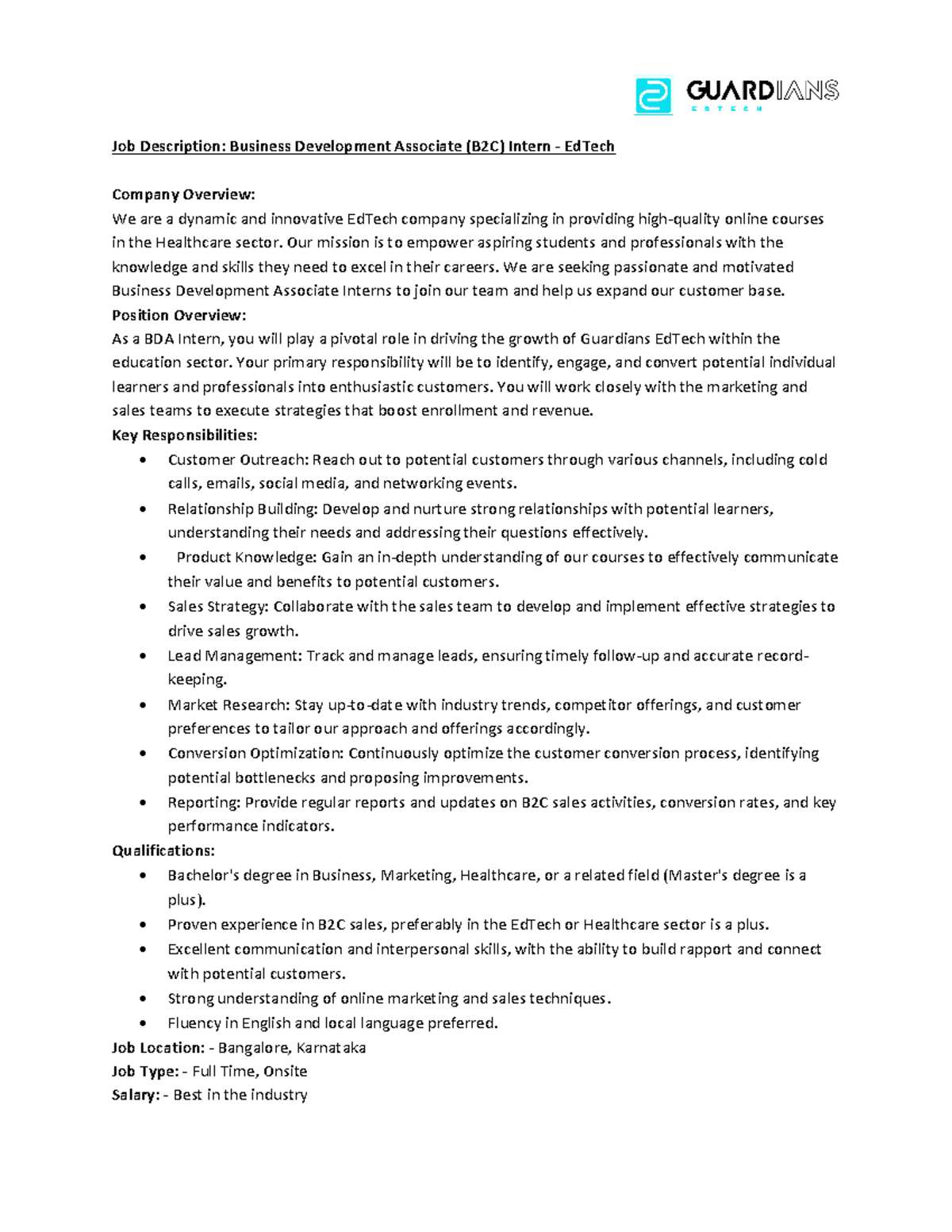 JD - BDA Guardians Edtech - Job Description: Business Development Associate (B2C) Intern ...