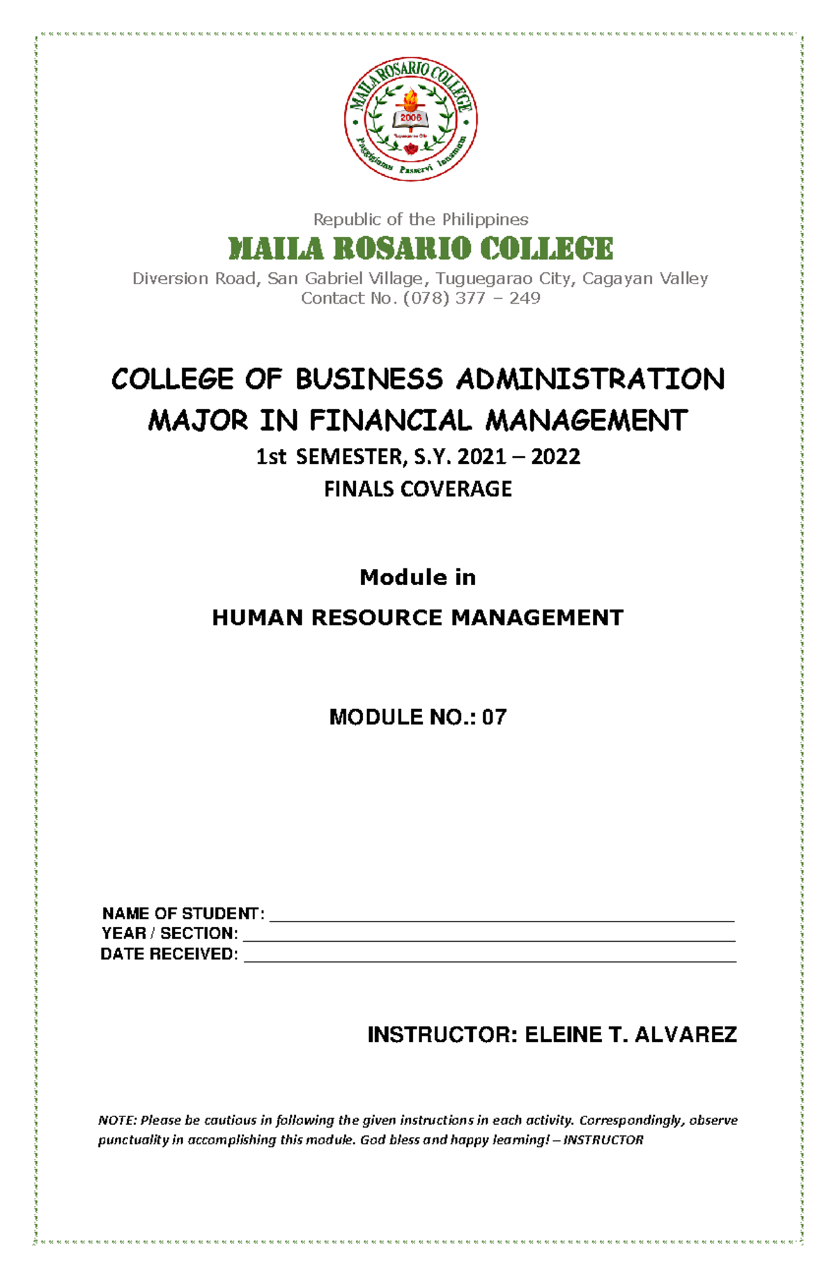 HRM module 7 - COLLEGE OF BUSINESS ADMINISTRATION MAJOR IN FINANCIAL ...
