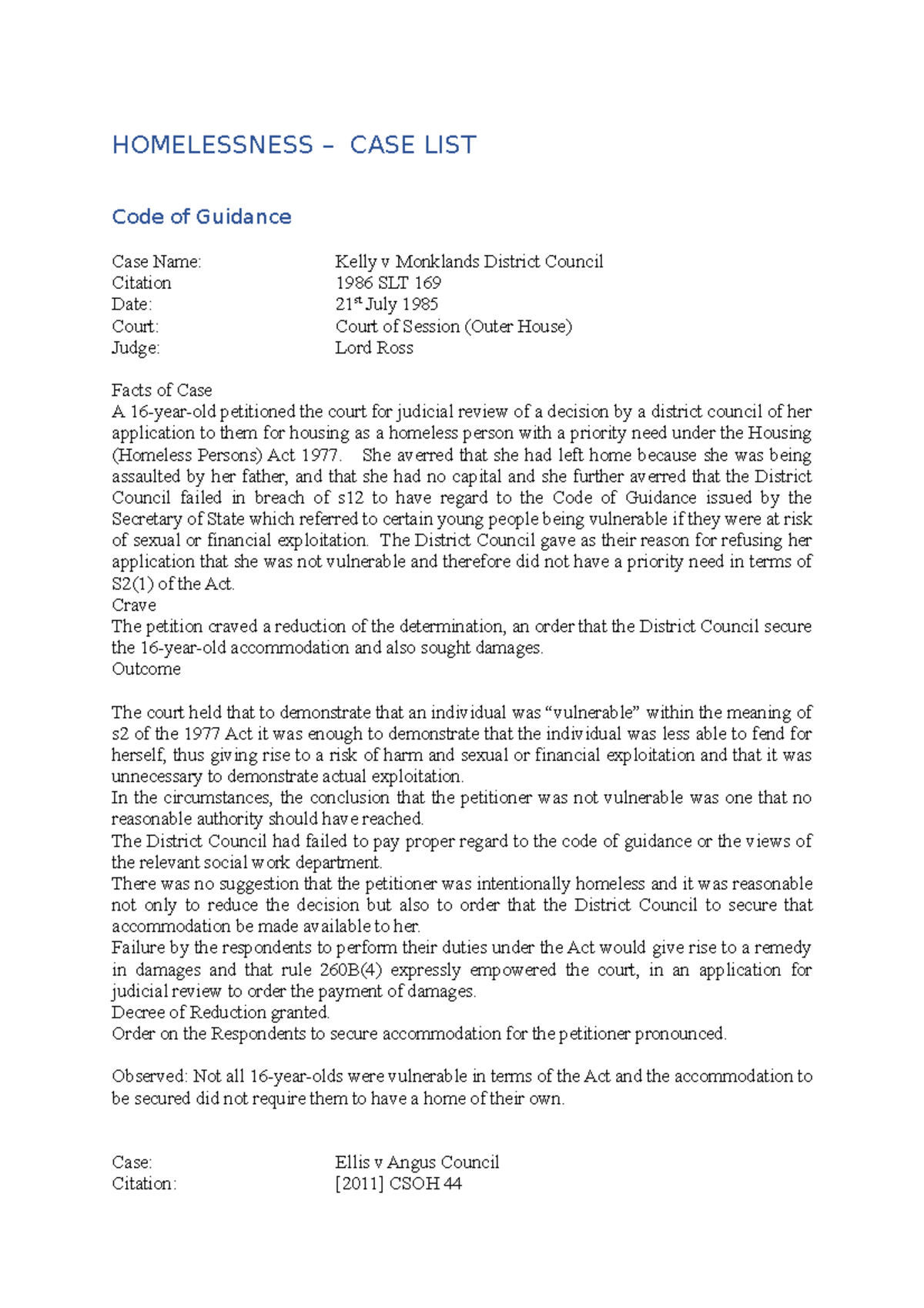 Homelessness Cases - HOMELESSNESS – CASE LIST Code of Guidance Case ...