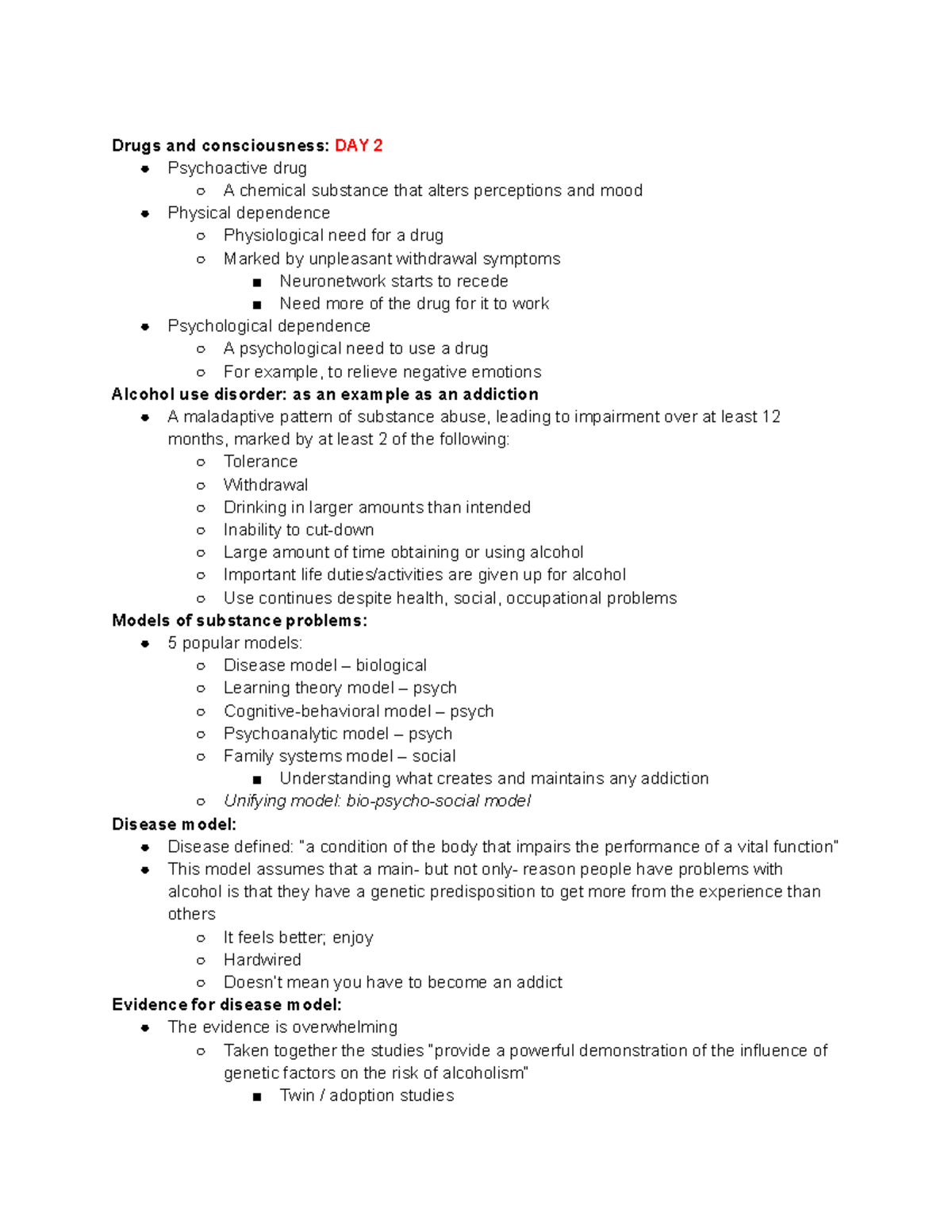 PSYC 368- lecture notes day 2 - Drugs and consciousness: DAY 2 ...