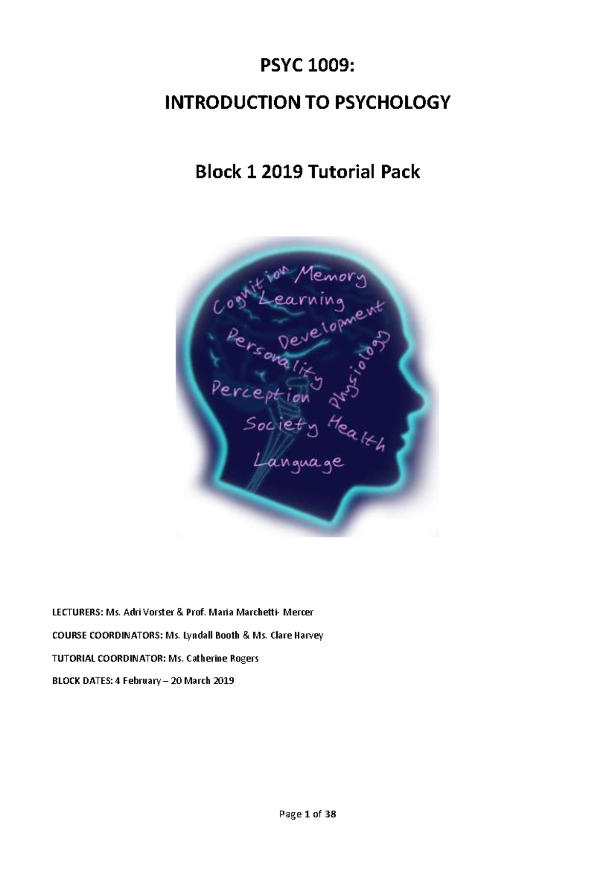 Psychology tutorial - PSYC 1009: INTRODUCTION TO PSYCHOLOGY Block 1 ...