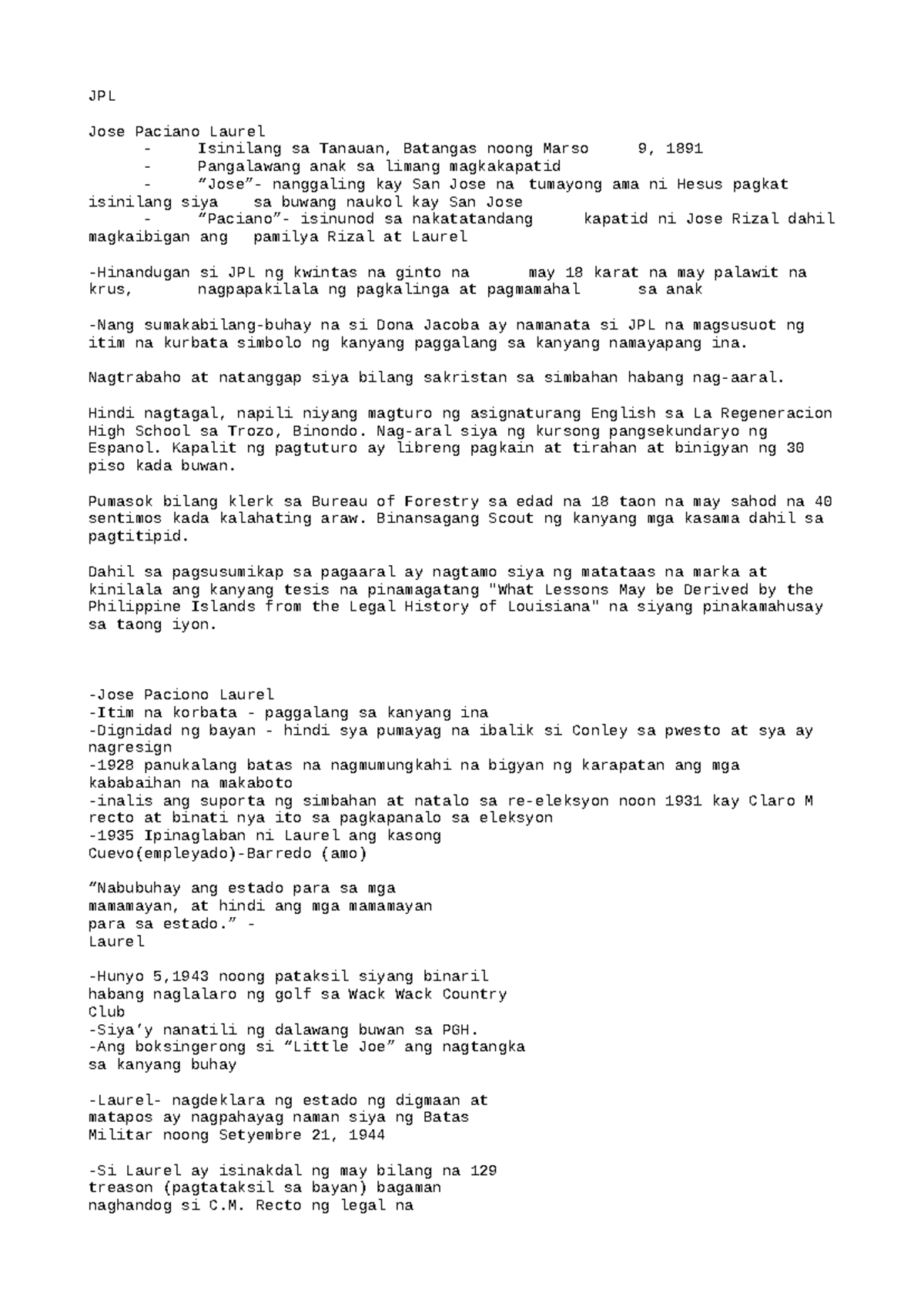 JPL notes - JPL Jose Paciano Laurel - Isinilang sa Tanauan, Batangas ...