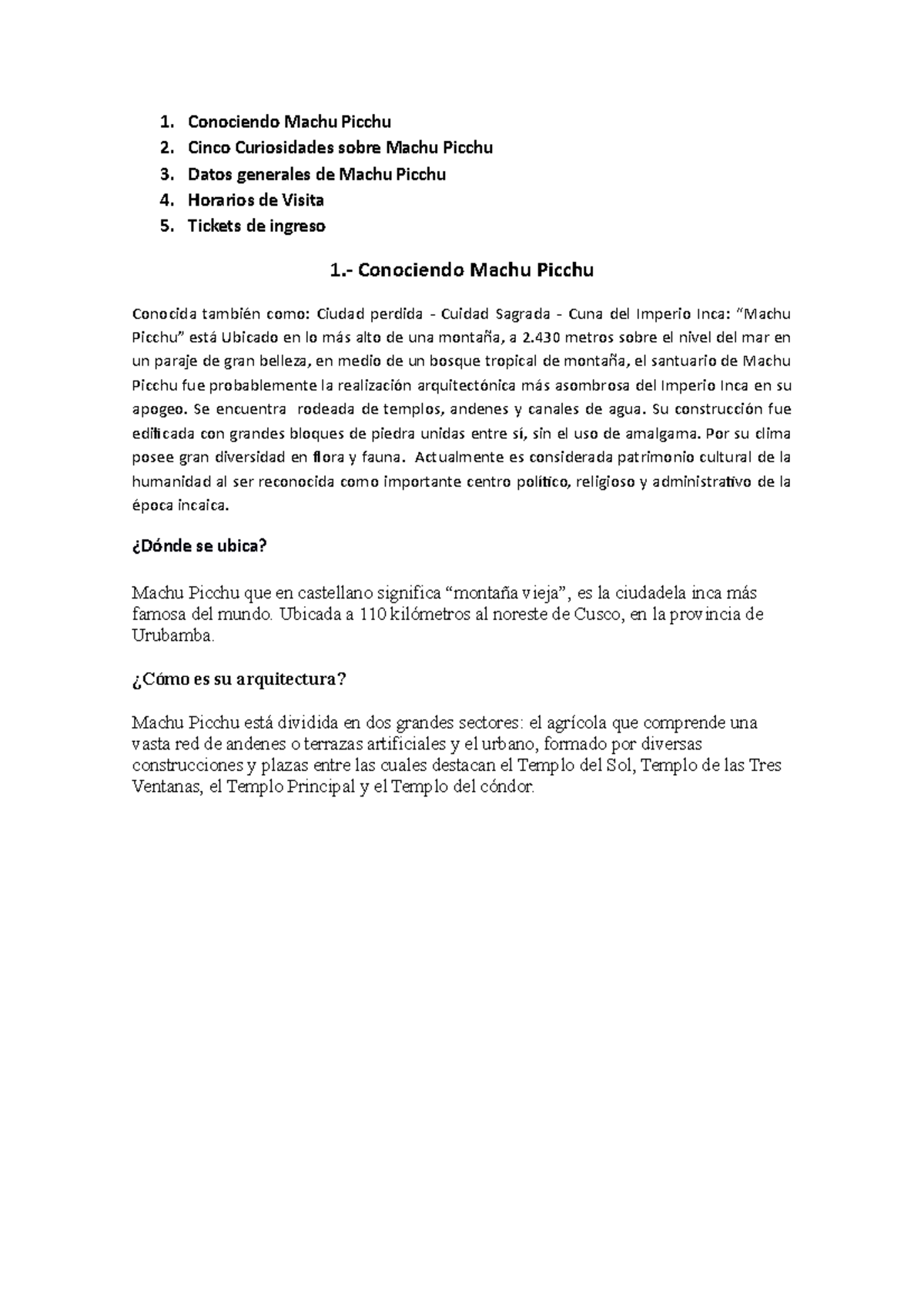 Conociendo Machu Picchu - 1. 2. 3. 4. 5. Conociendo Machu Picchu Cinco ...
