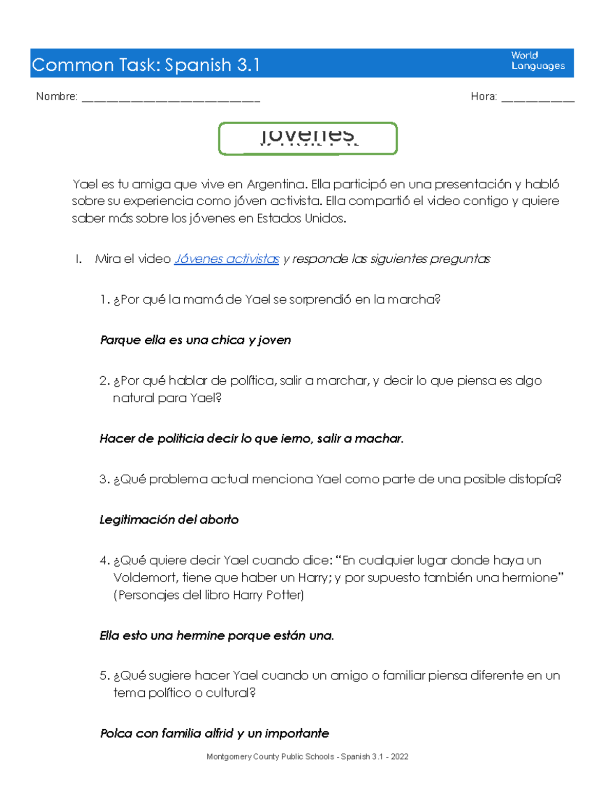 Ssims Copy of Draft -CT Jóvenes activistas-1 - Common Task: Spanish 3. World Languages Nombre ...