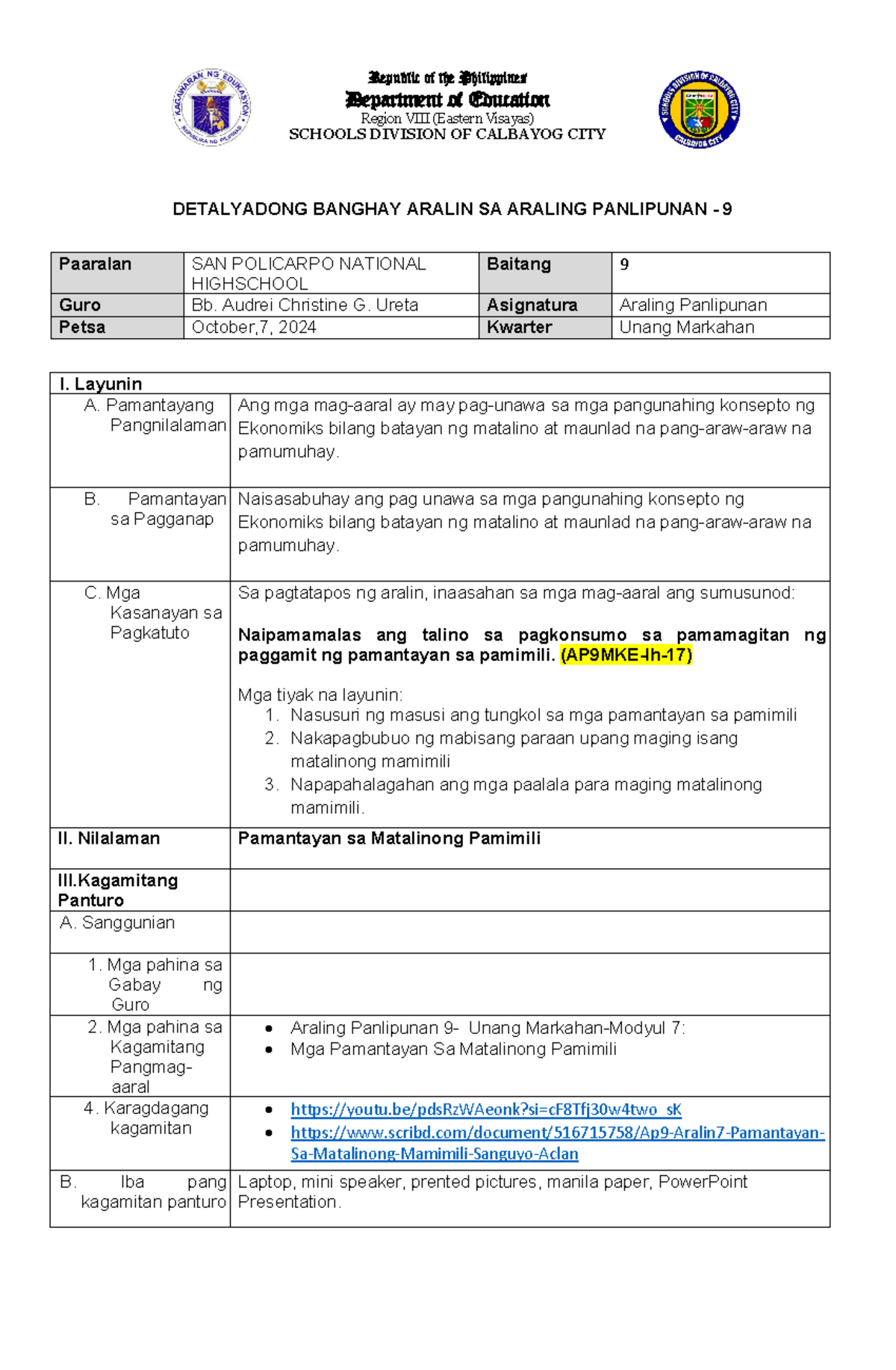 Ureta-DLP-SS17 - Notes - Republic of the Philippines Department of ...