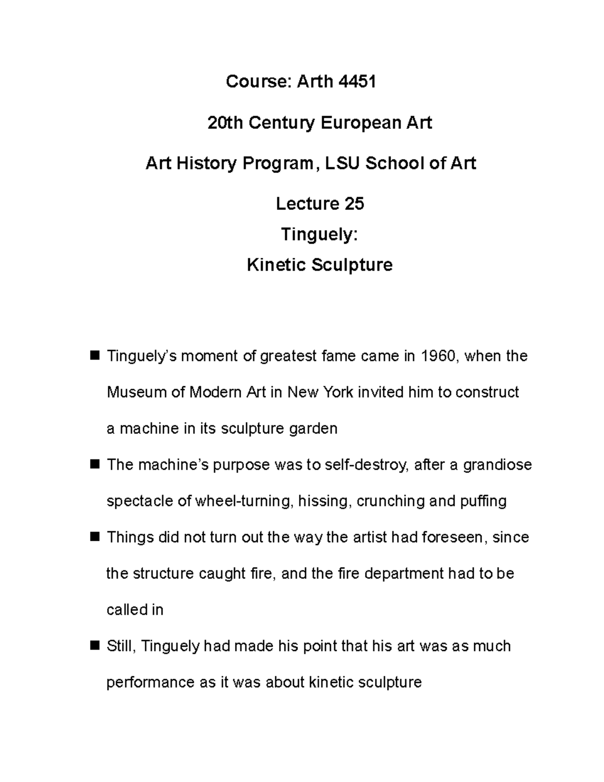 Tinguely - 20th Century Art Lecture Notes summary from ppt - Course ...