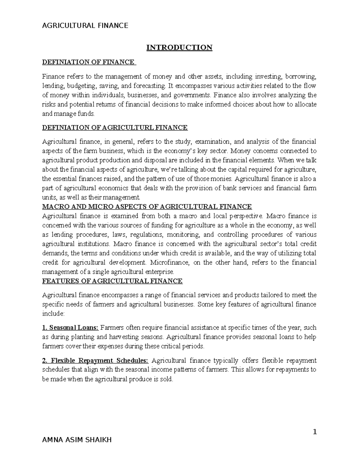Introduction - notes - AGRICULTURAL FINANCE INTRODUCTION DEFINIATION OF ...