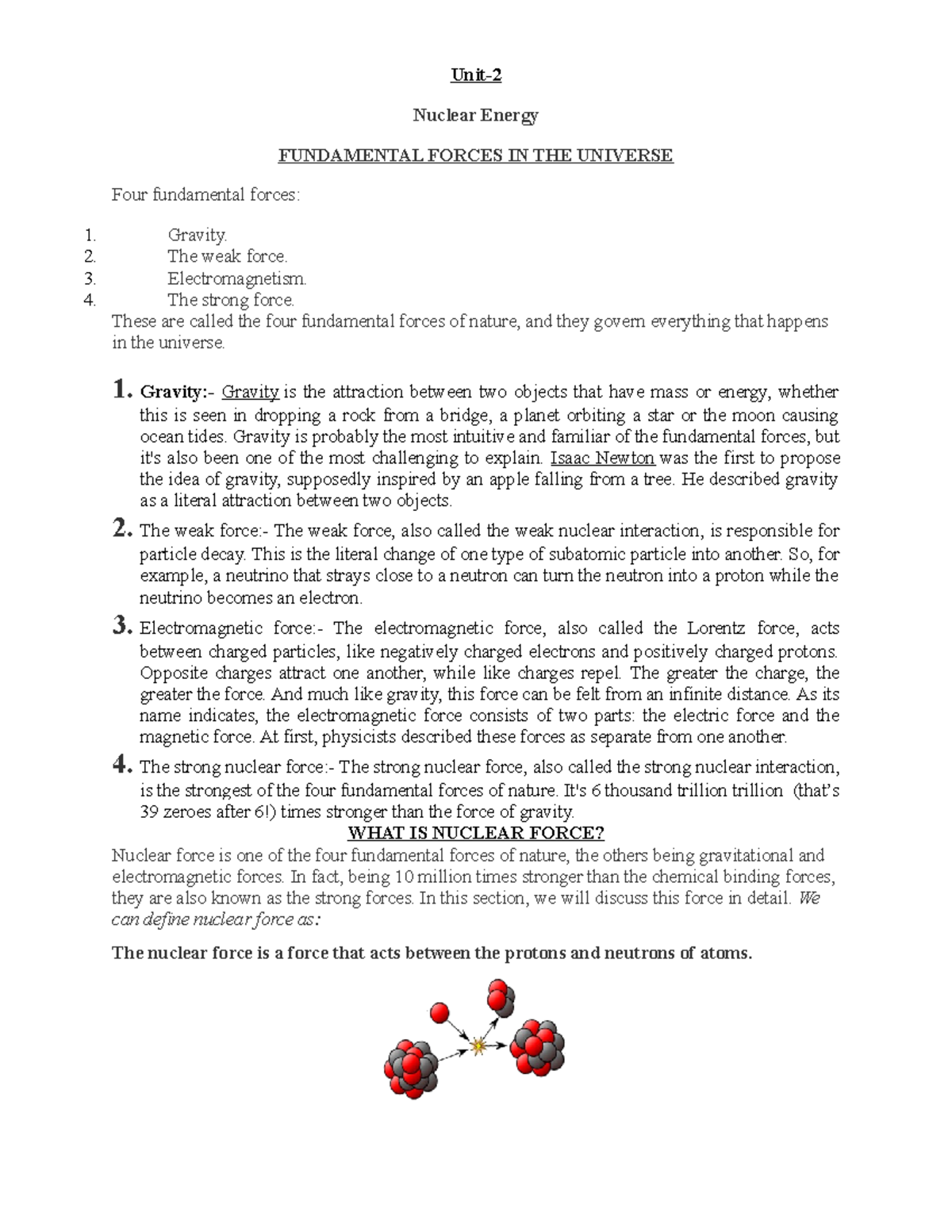 Unit-2 - Energy science - Unit- Nuclear Energy FUNDAMENTAL FORCES IN ...