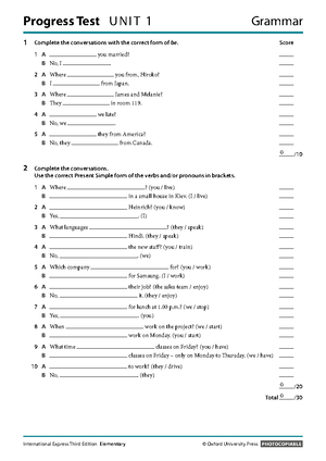 IE Elementary Test 2 - Examen - Progress Test U N IT 2 Grammar 1 ...